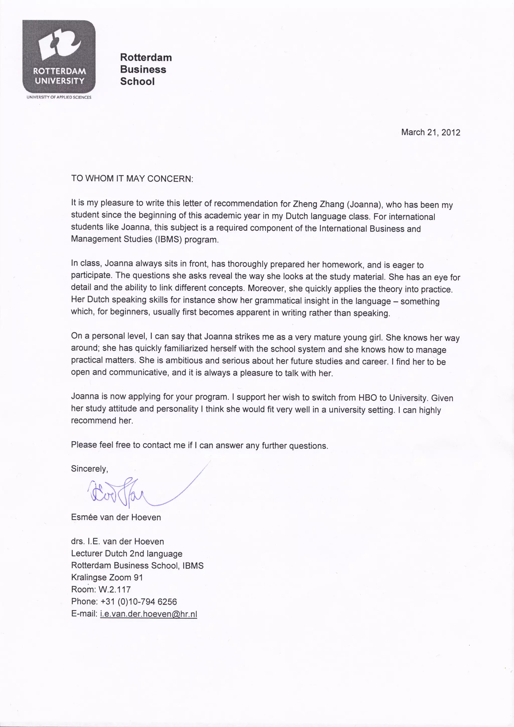 Reference letter by Ms. Esmee | PDF