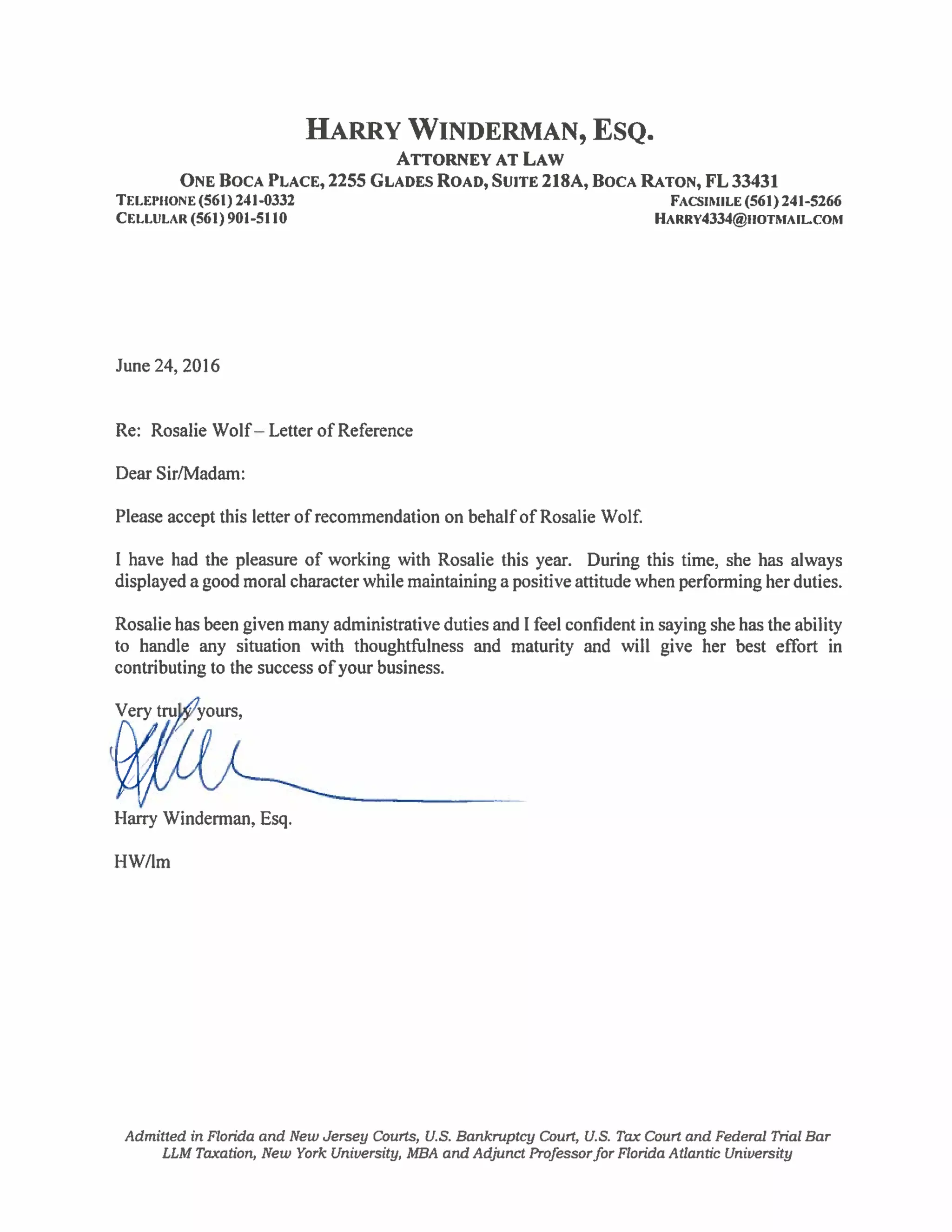 Letter of recommendation fro Harry Winderman of counsel | PDF