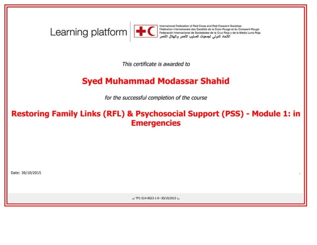 certificate_Restoring Family Links (RFL) & Psychosocial Support (PSS) in Emergencies Mod01 | PDF