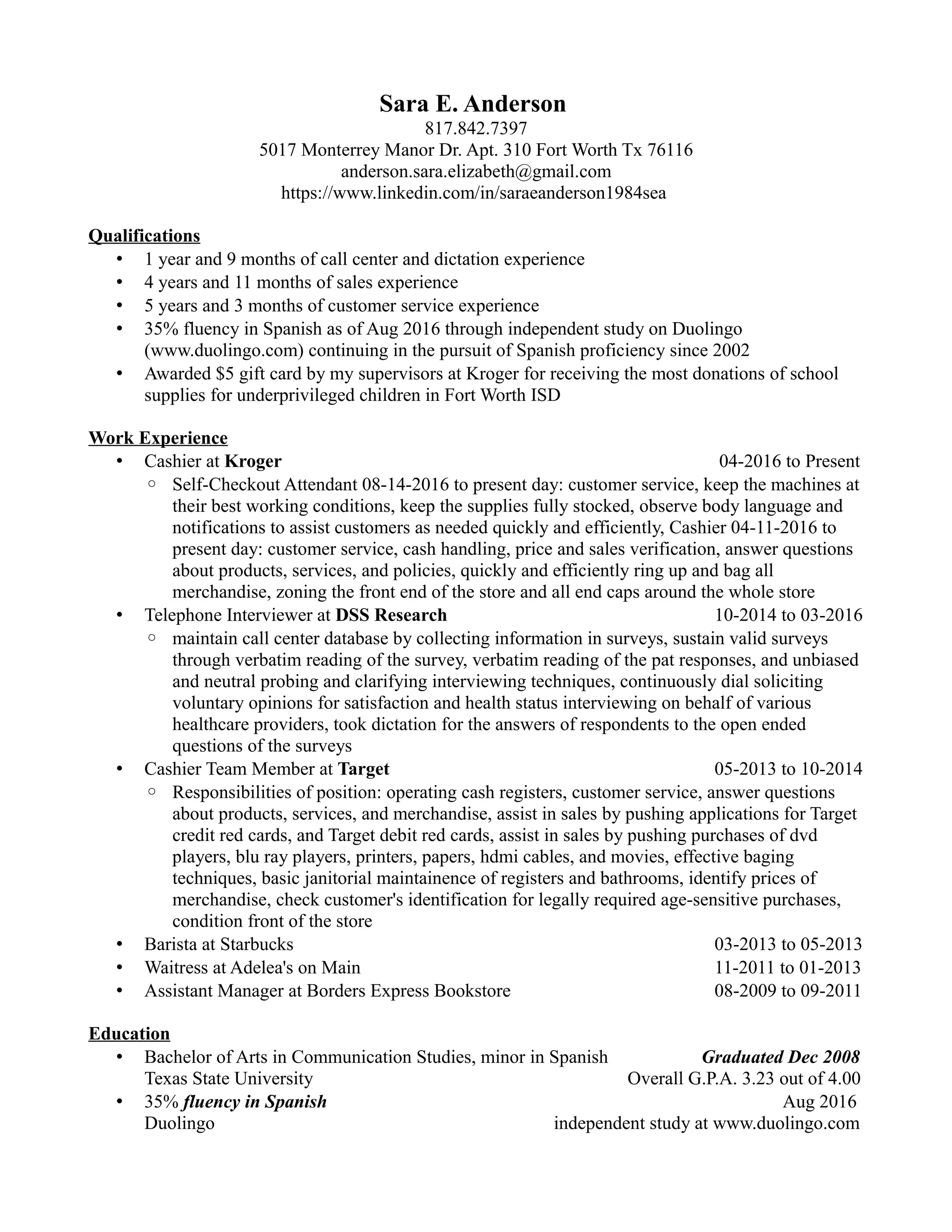 Resume Aug 2016 Sara E Anderson | PDF