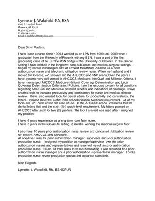 Lynnette Wakefield, RN, BSN Cover Letter | DOCX | Health Insurance | Insurance