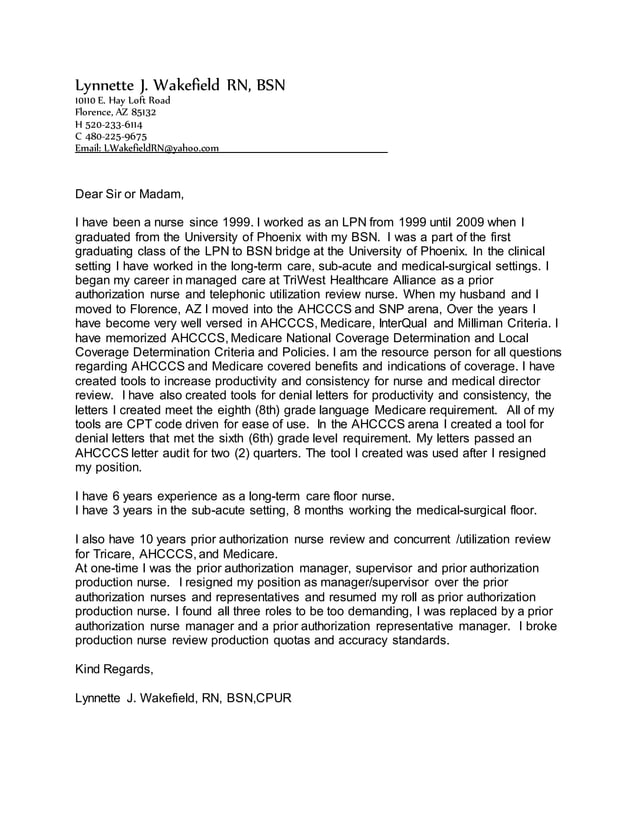 Lynnette Wakefield, RN, BSN Cover Letter | PDF