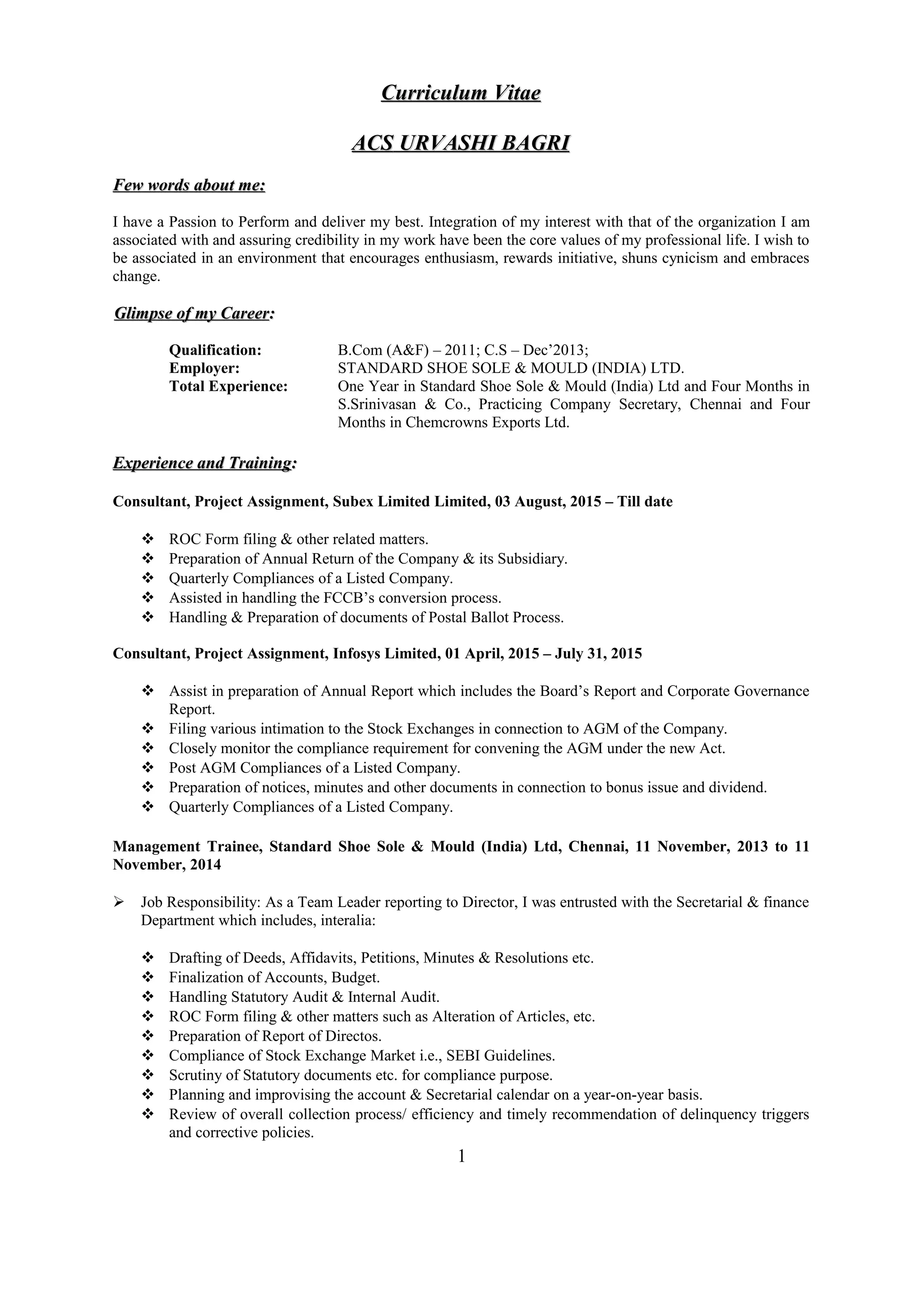 ACS Urvashi Bagri Resume | DOC