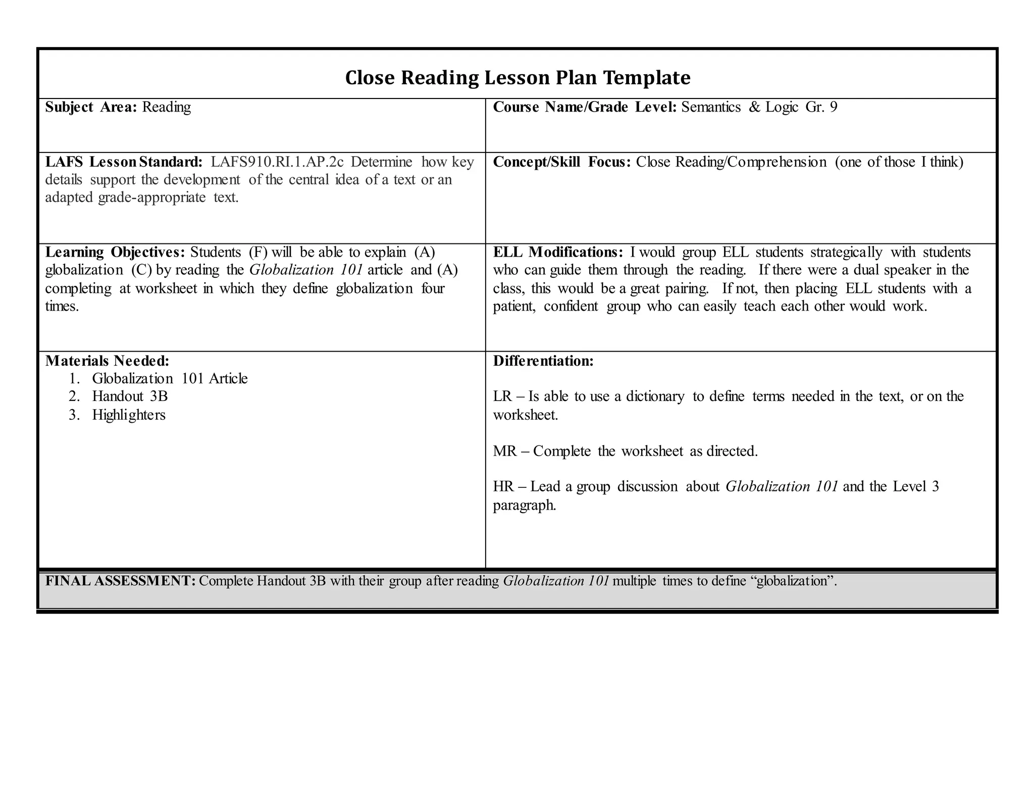Lesson Plan Closed Reading Grade 9 | DOCX