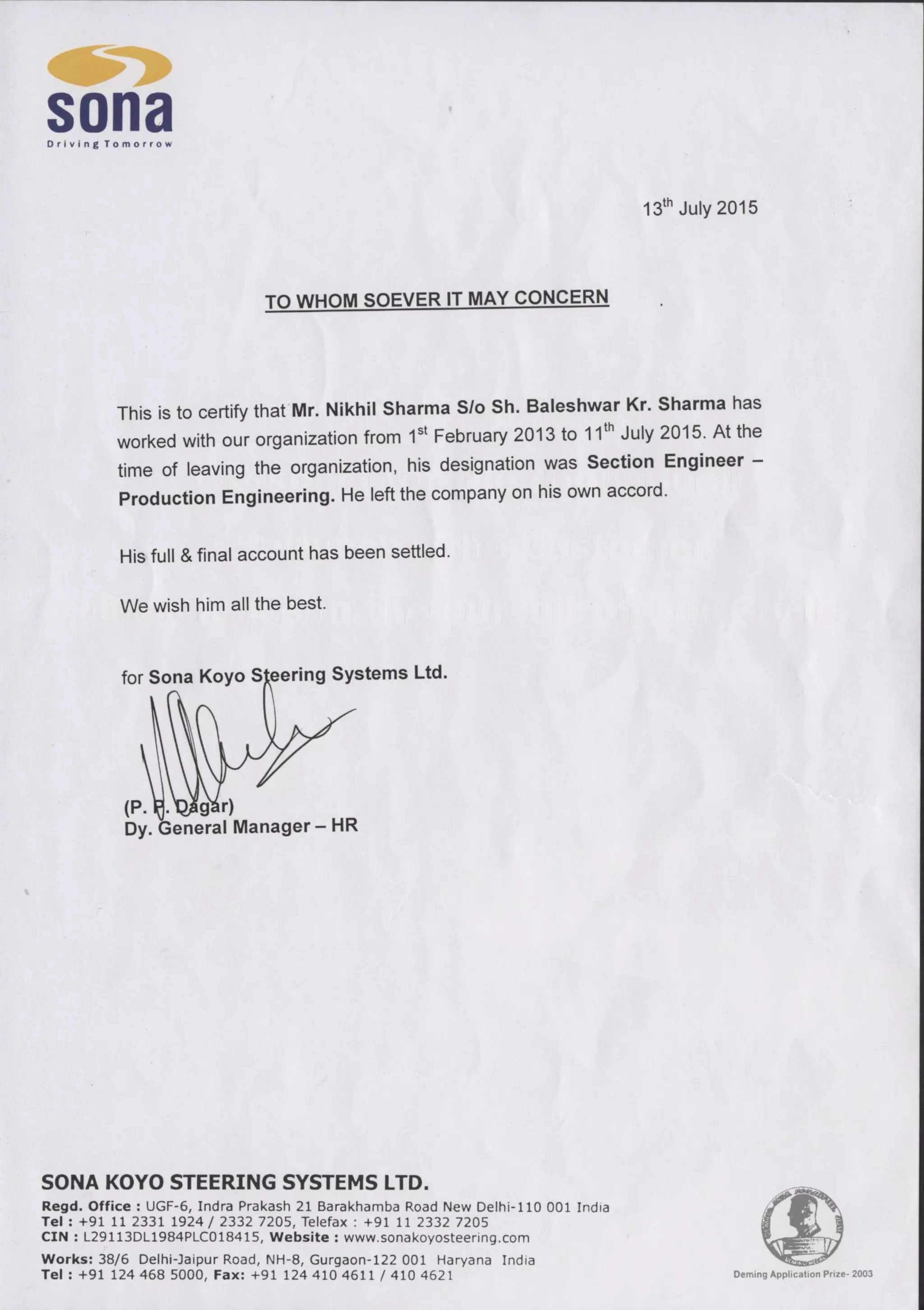 Sona Koyo work experience certificate | PDF