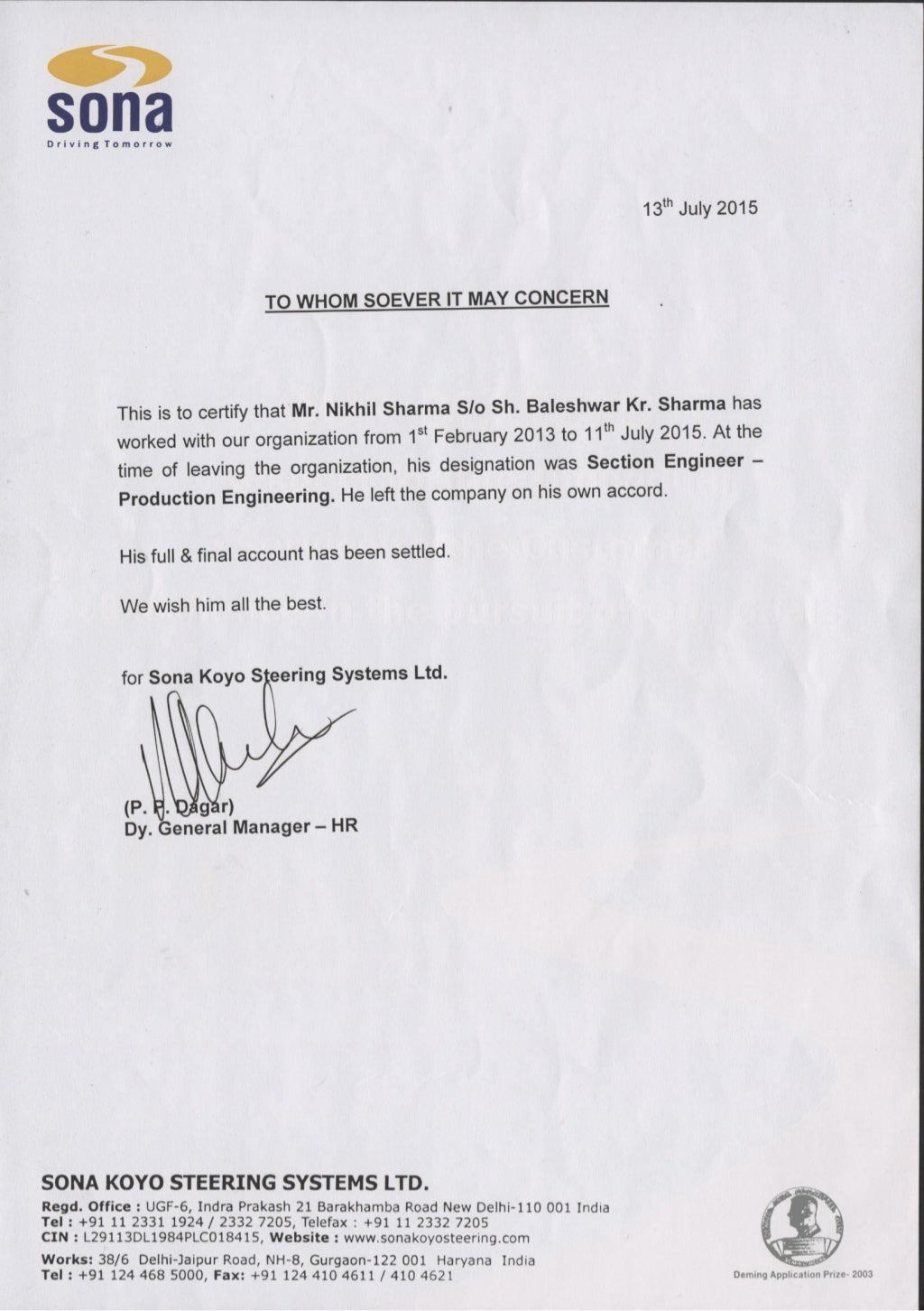 Sona Koyo work experience certificate