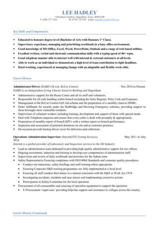 LEE HADLEY CV v8.1 (Post DABD) | DOC | First Aid | Injuries