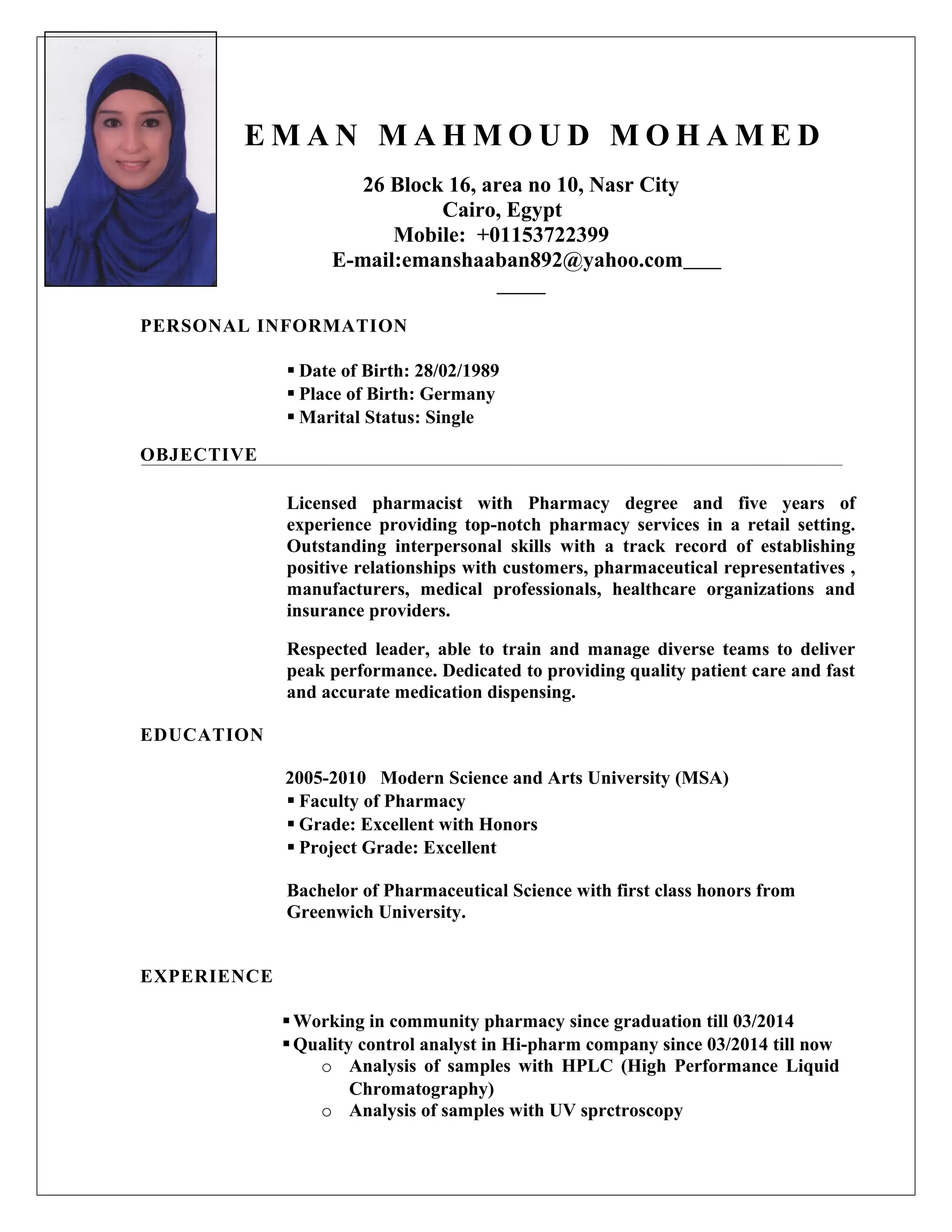 Pharmacist Eman Shaban - CV | DOC