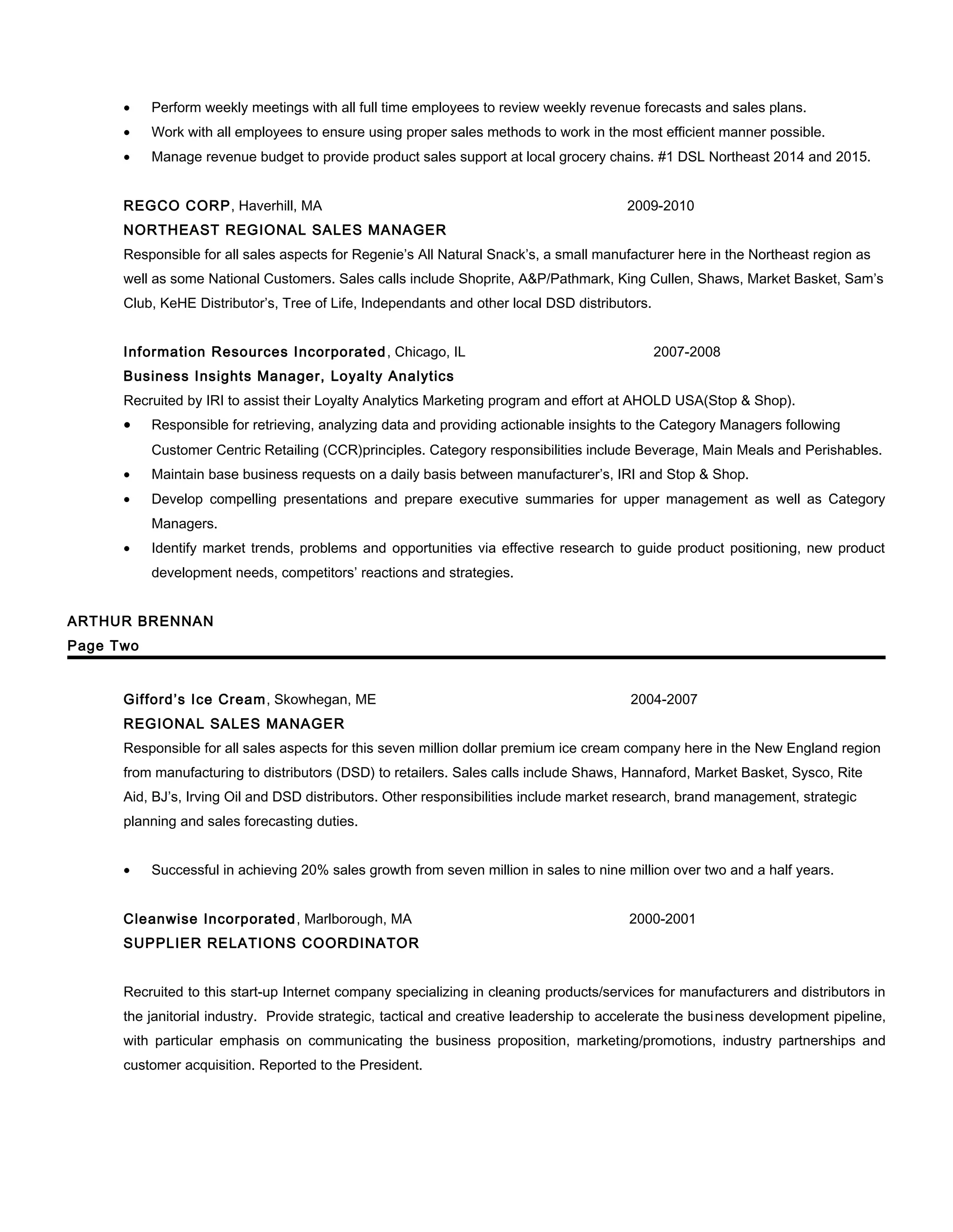 Arthur Brennan 1-4-16 Resume | DOC | Sales | Business