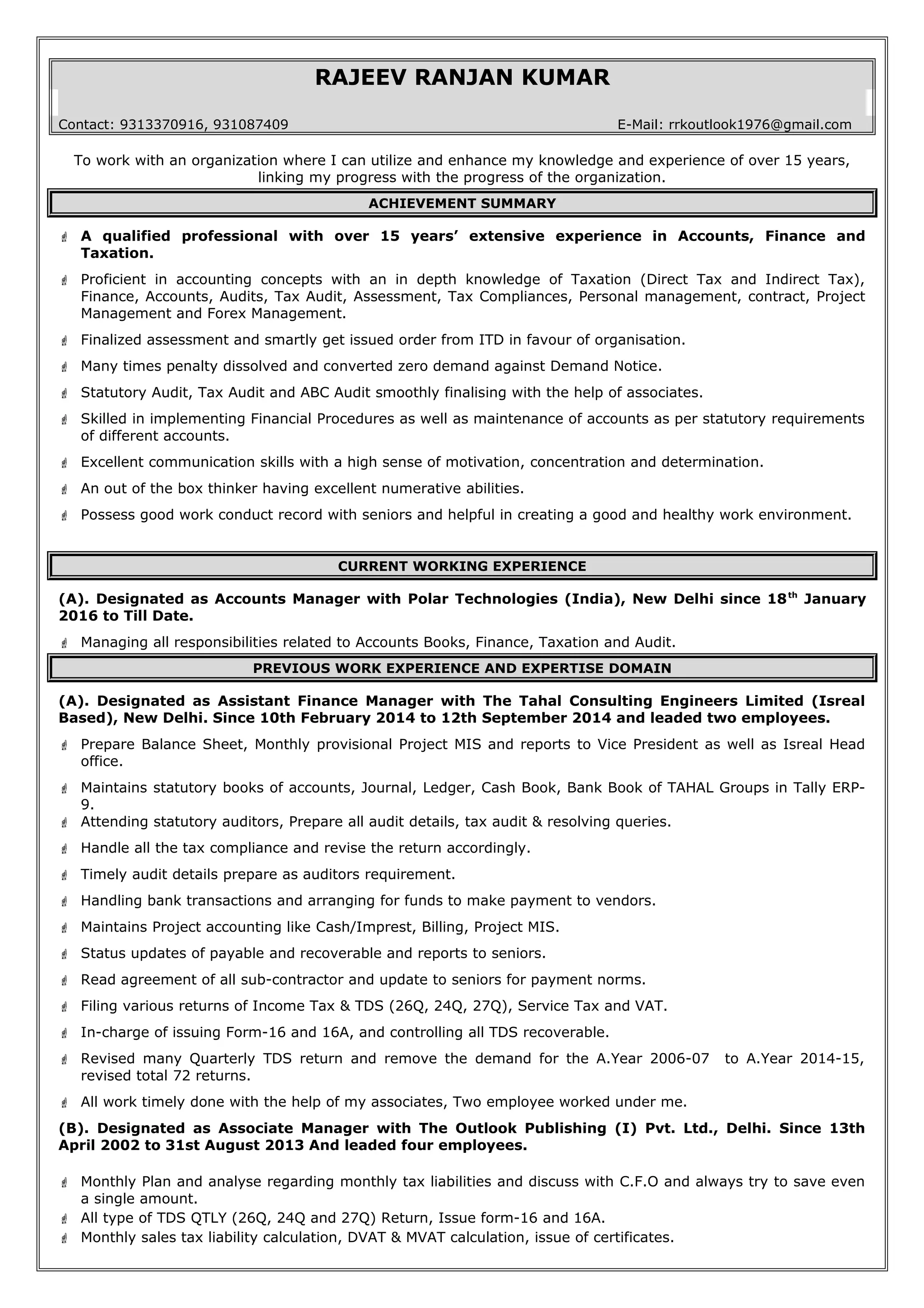 Resume-Rajeev Ranjan Kumar | DOC | Business Accounting & Finance | Business