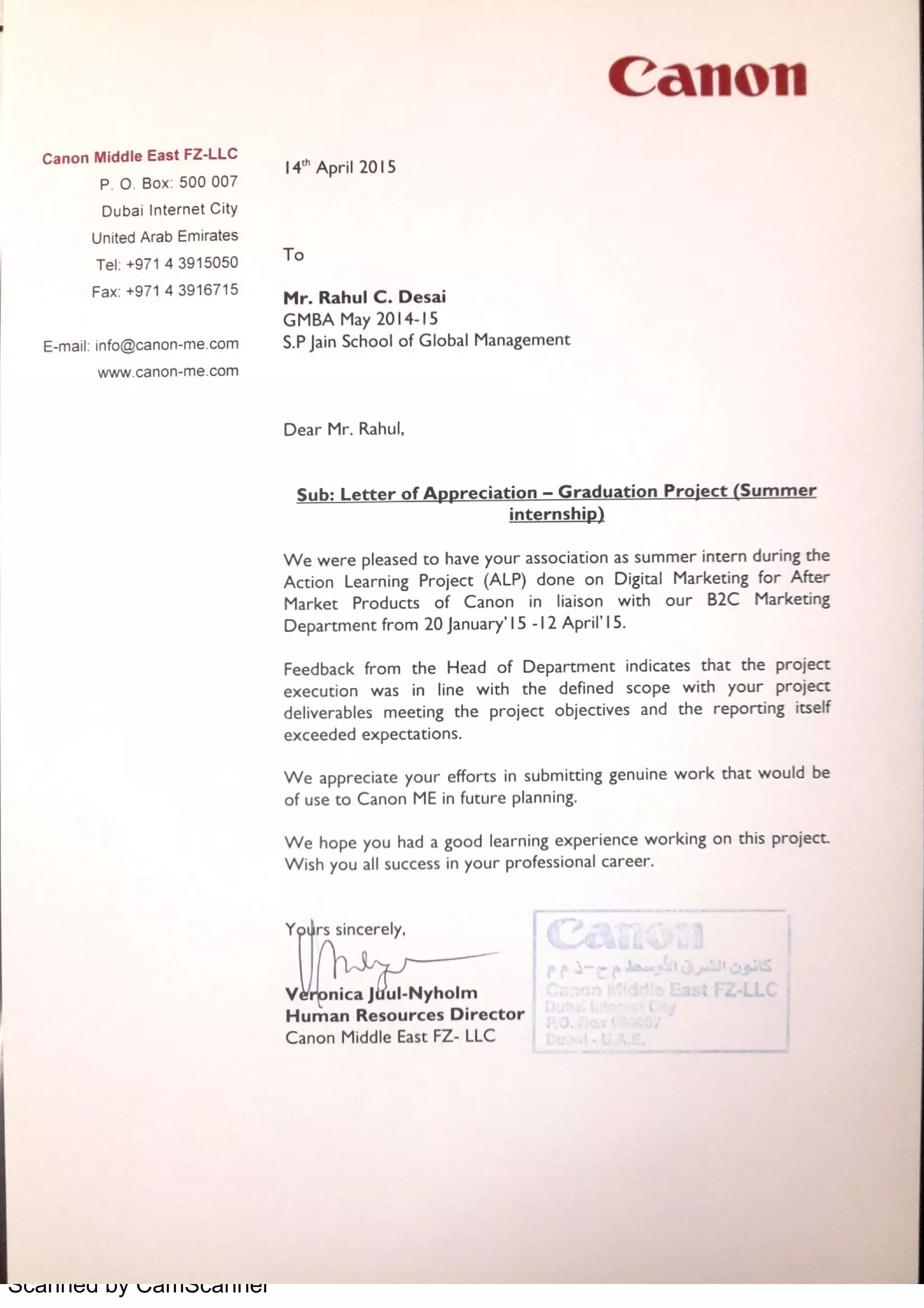 Canon Letter of Appreciation | PDF