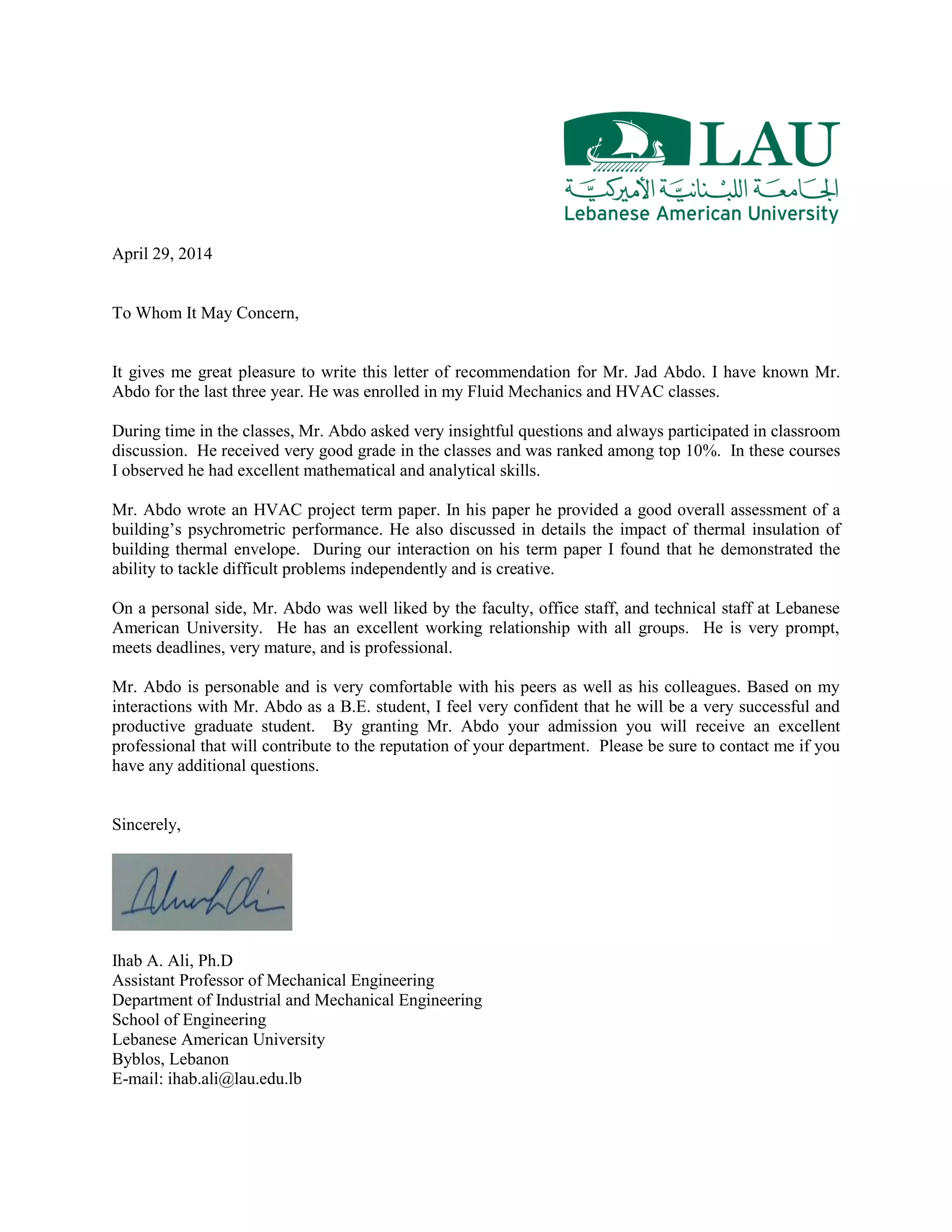 Recommendation Letter Ihab Ali | PDF