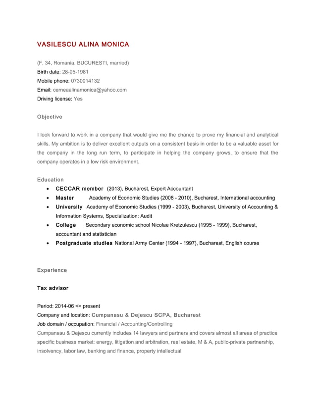 CV Vasilescu Alina Monica | DOC | Business Accounting & Finance | Business