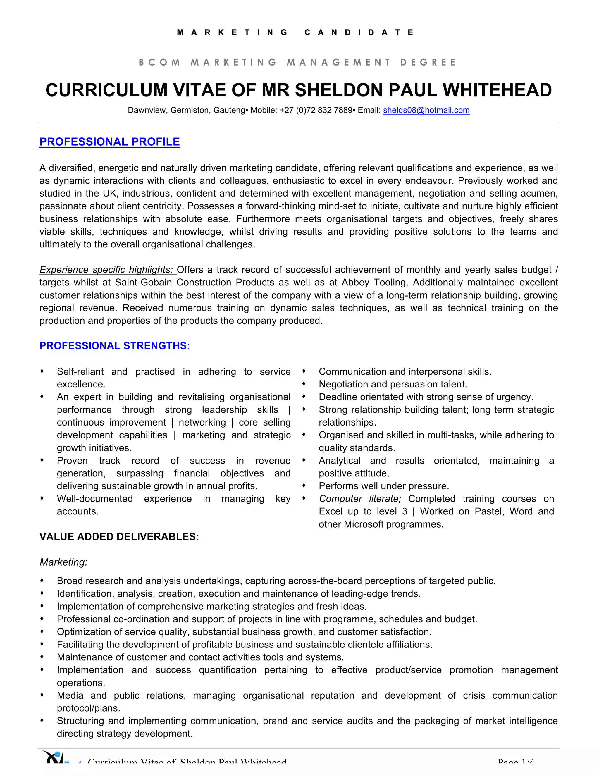 Curriculum Vitae of Sheldon Paul Whitehead | PDF