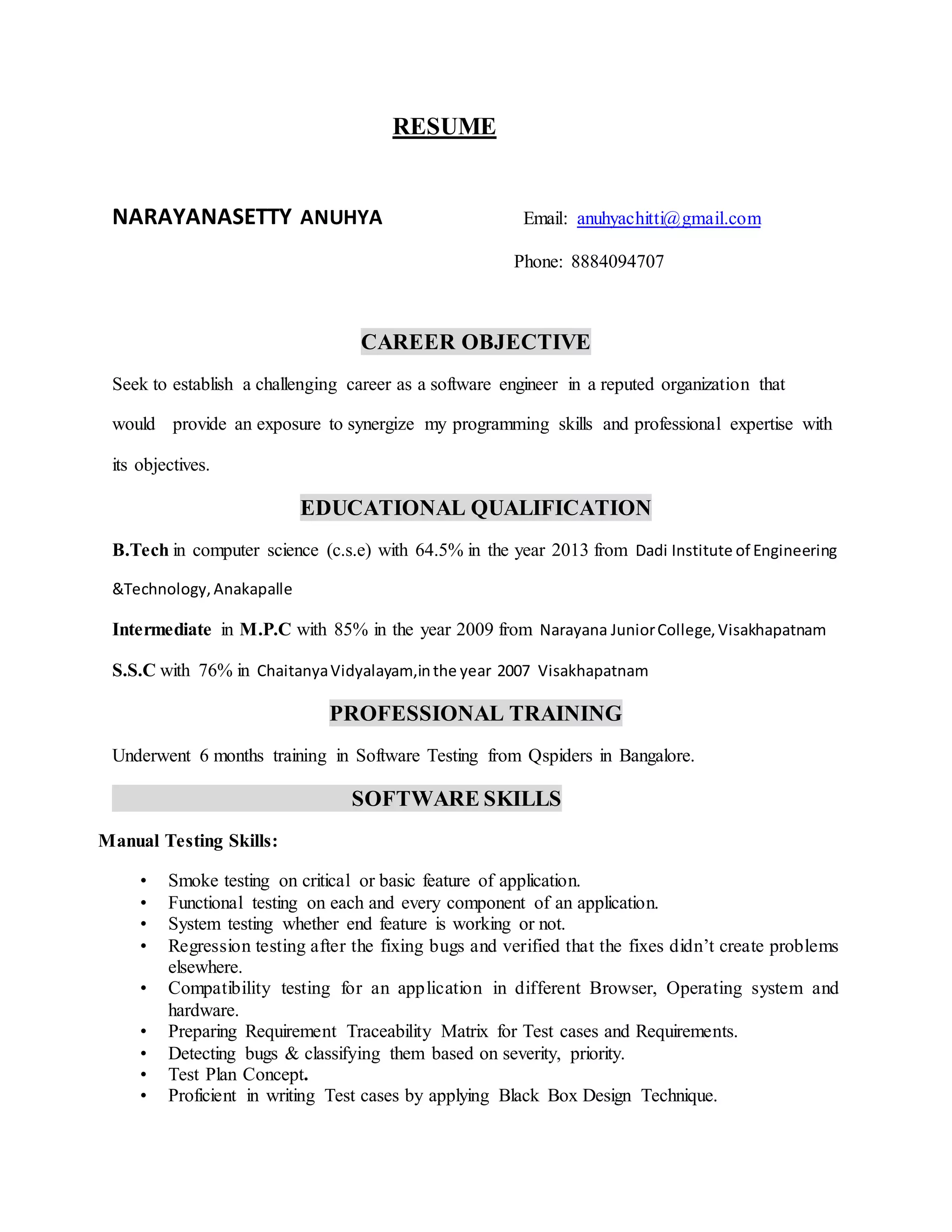 Anuhya Resume | DOCX | Programming Languages | Computing