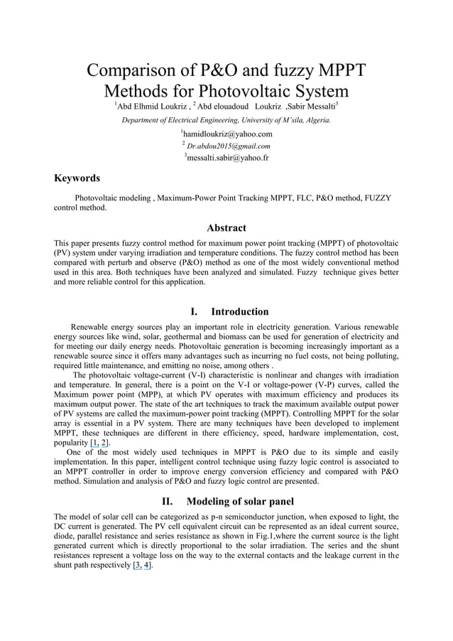 Comparison of P&O and fuzzy MPPT Methods for Photovoltaic System | PDF