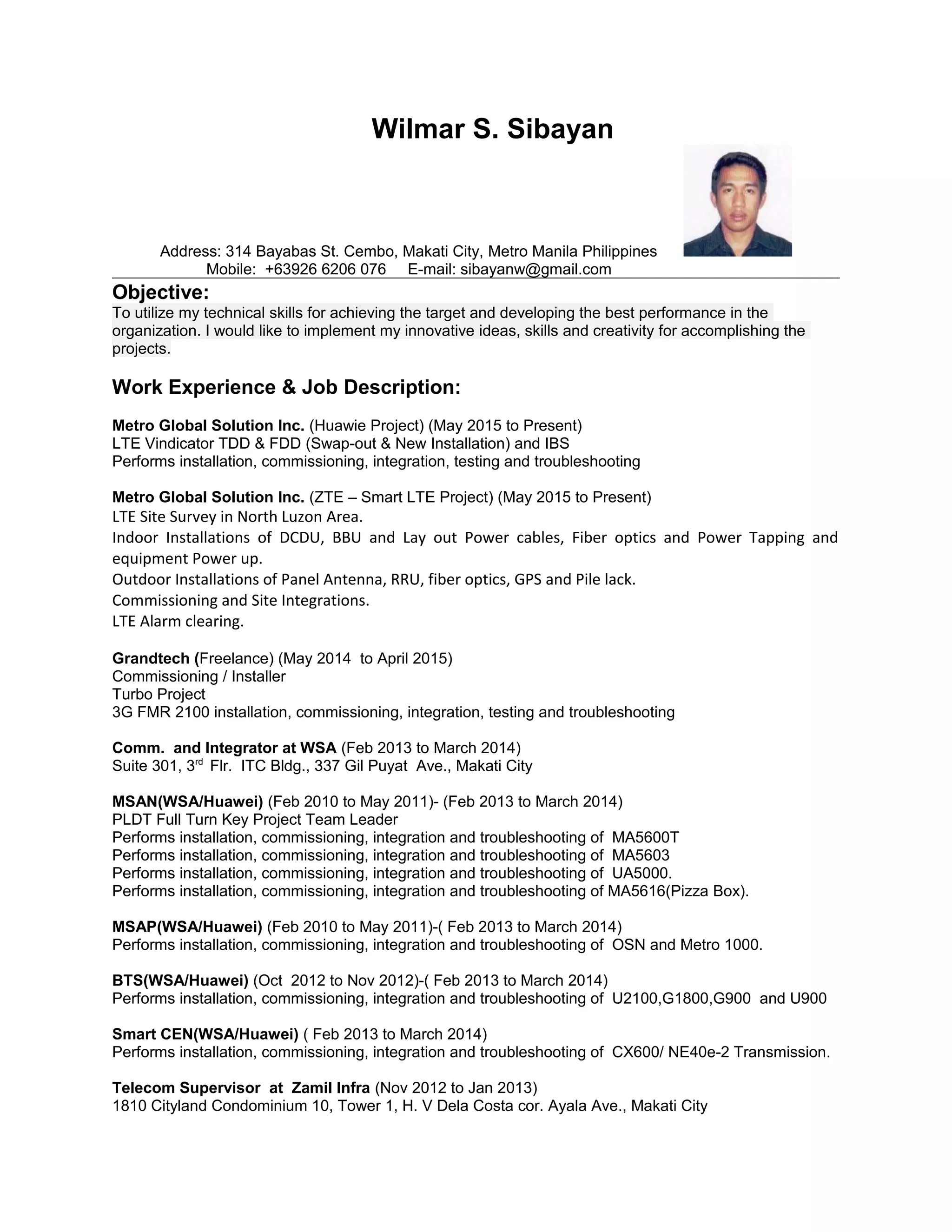 Wilmar Sibayan CV | DOC | Smartphones | Consumer Electronics