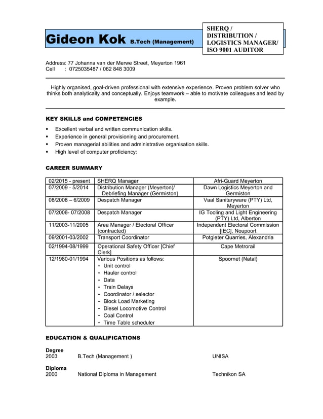 Gideon Kok CV November 2016 | DOC | Logistics | Business