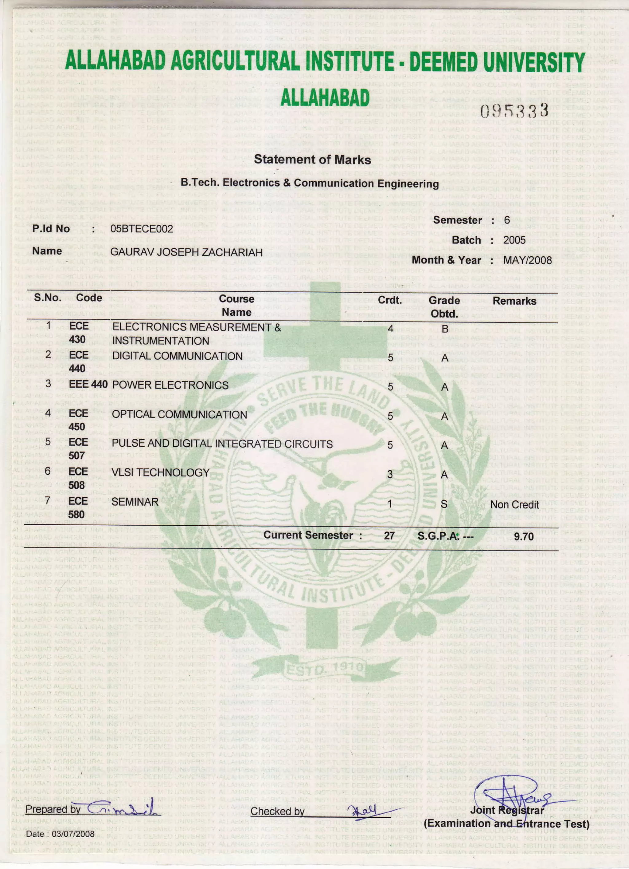 Semester 6 grade-sheet (B. Tech.) | PDF