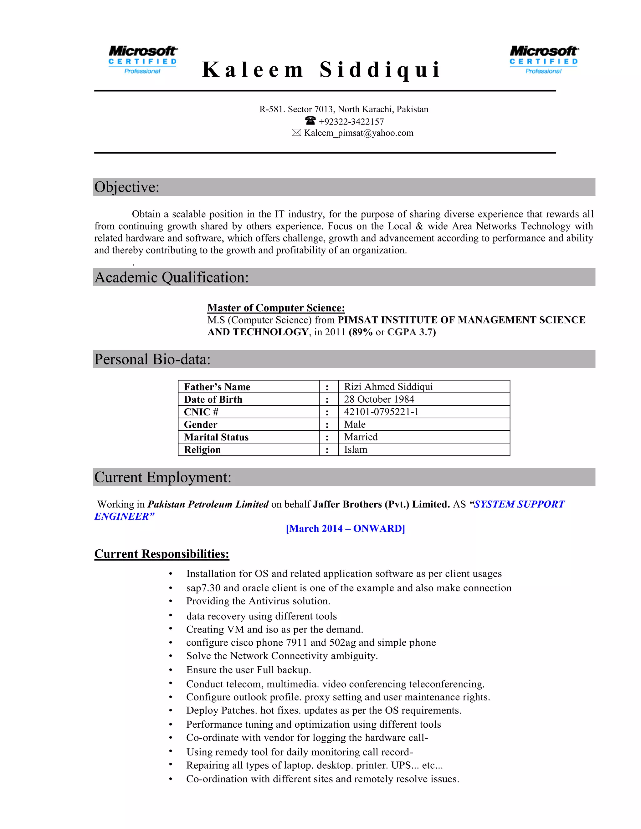 Kaleem CV | PDF | IT and Internet Support | Internet