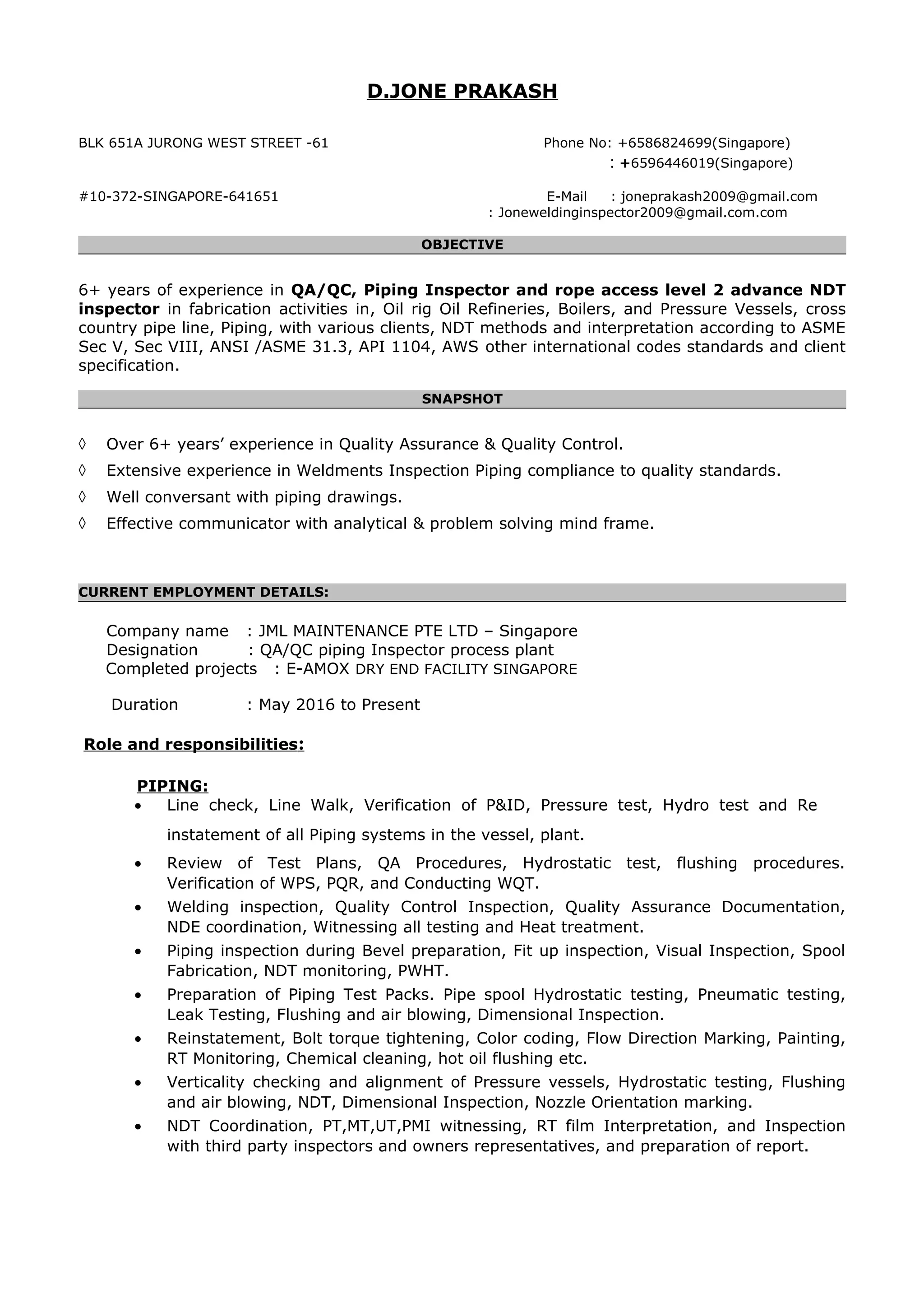 JONE. WELDING piping inspector new ROPE ACCESS LEVEL 2 | DOC