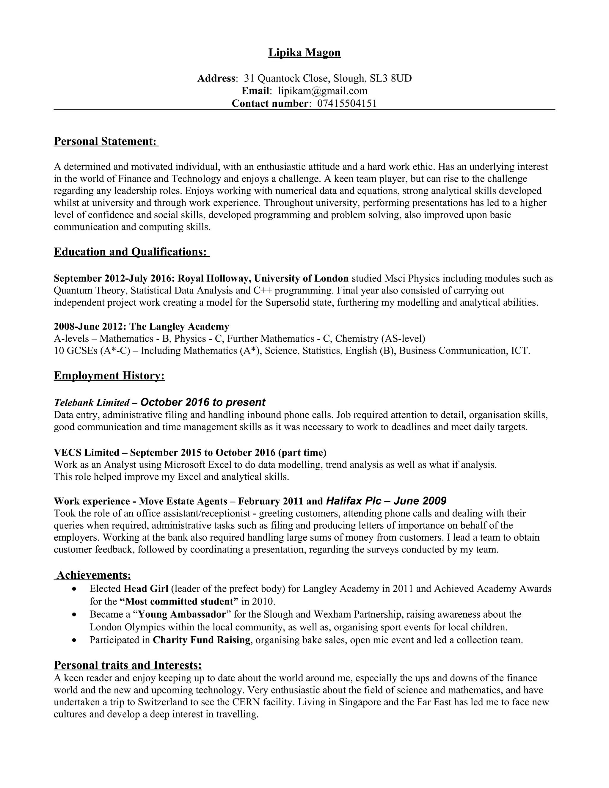 Lipika CV 02-16 | DOC | Business Administration | Business