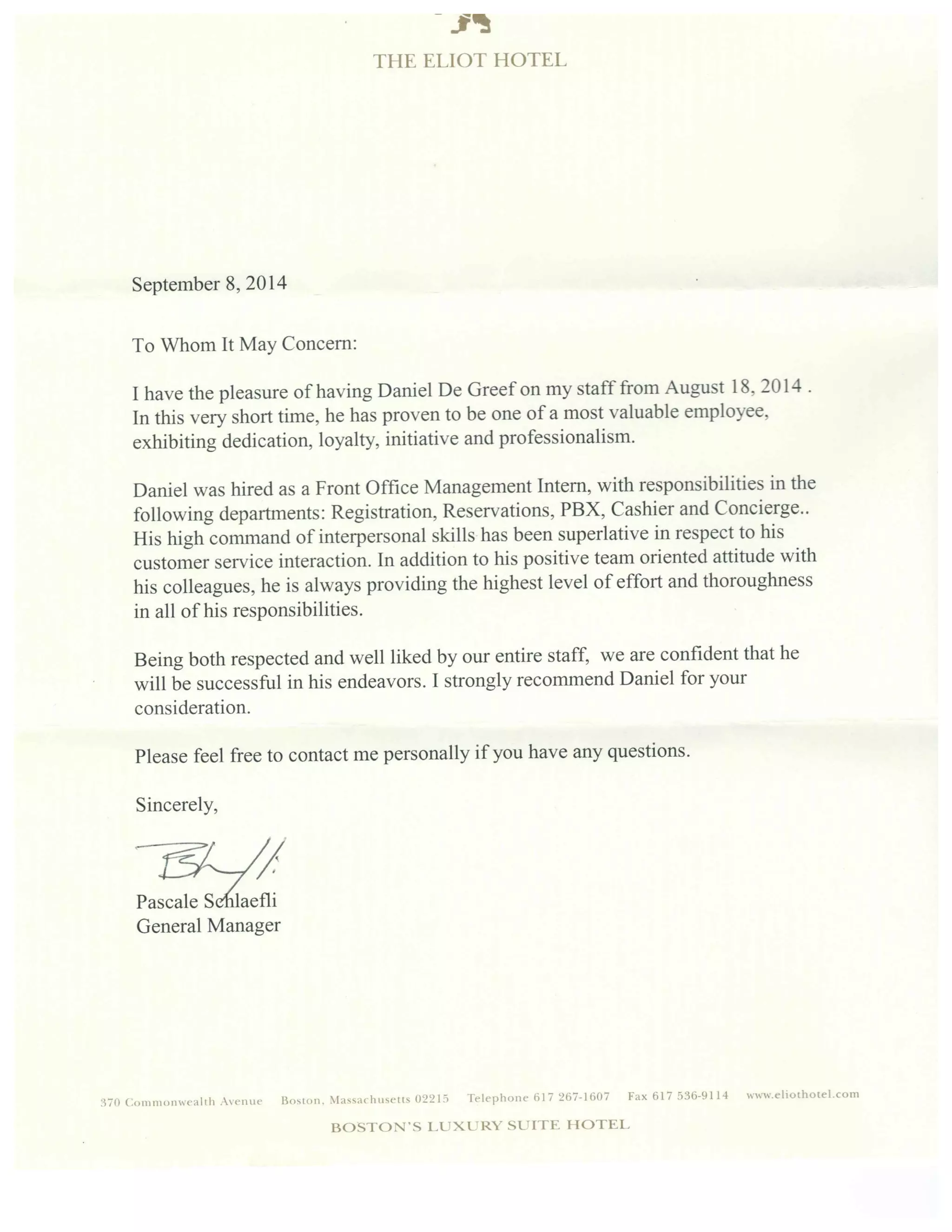 Recommendation letter Eliot Hotel | PDF