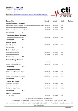 Academic Transcript for Francois Theron (Certificate in Information ...