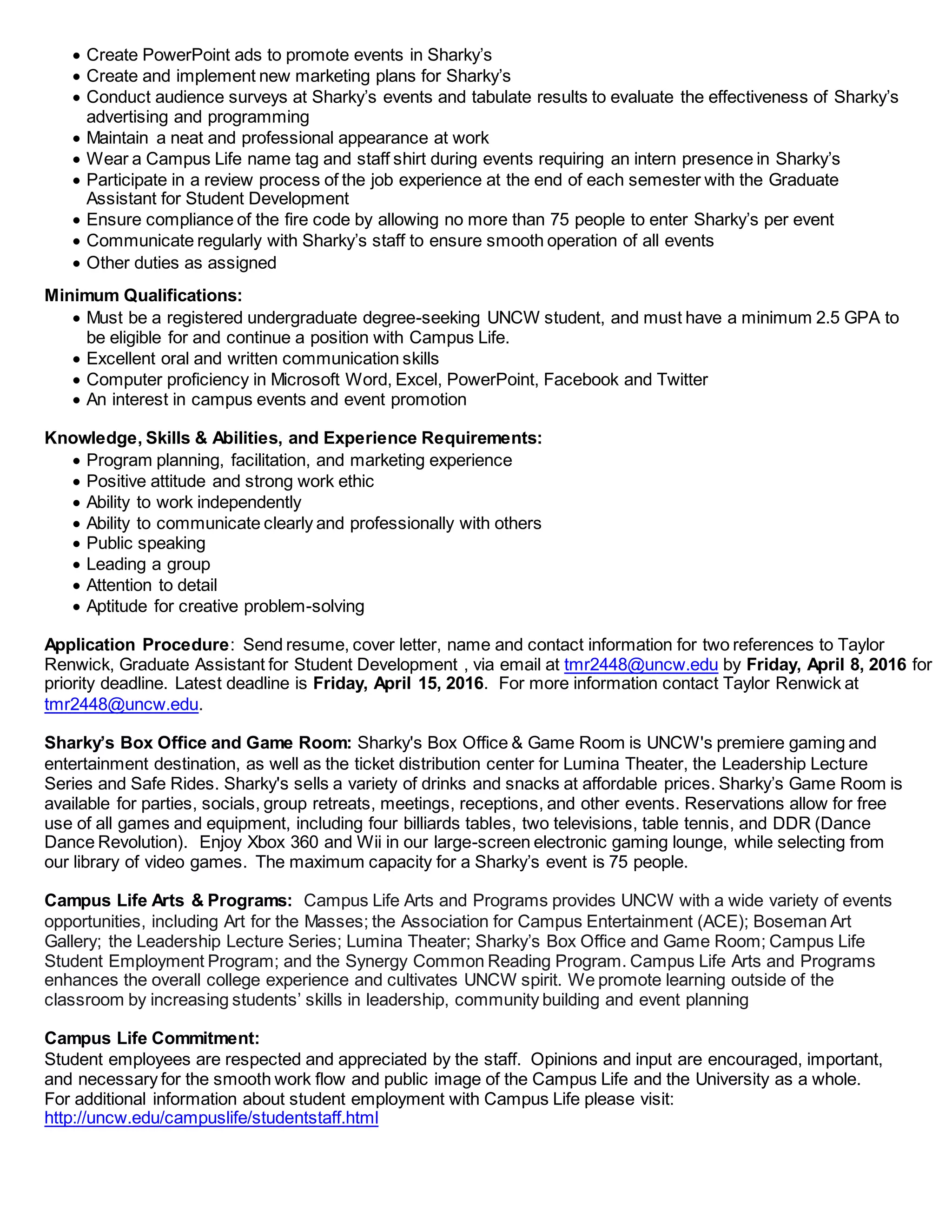 Sharky%27s Marketing and Events Intern Job Description Spring 2016 | DOCX