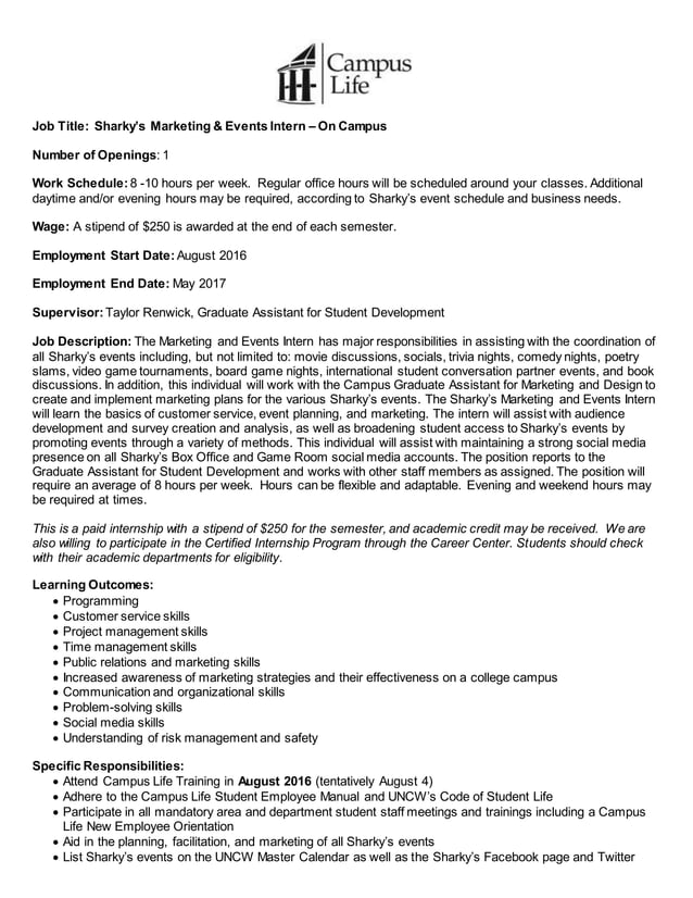 Sharky%27s Marketing and Events Intern Job Description Spring 2016 | PDF