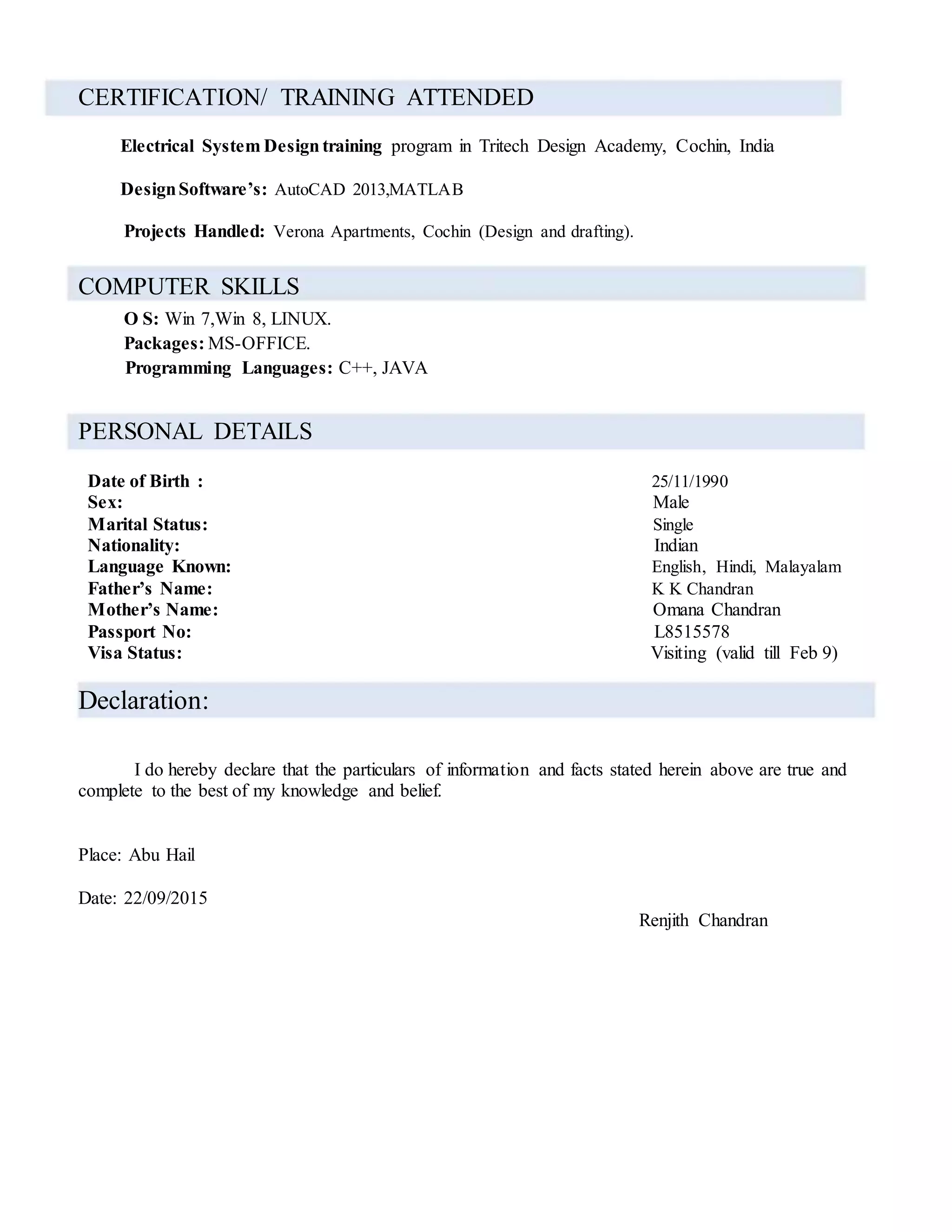 cv of renjith chandran | DOCX