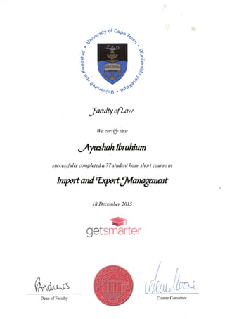 Certificate issued by UCT Getsmarter- Import & Export Management - 18 ...