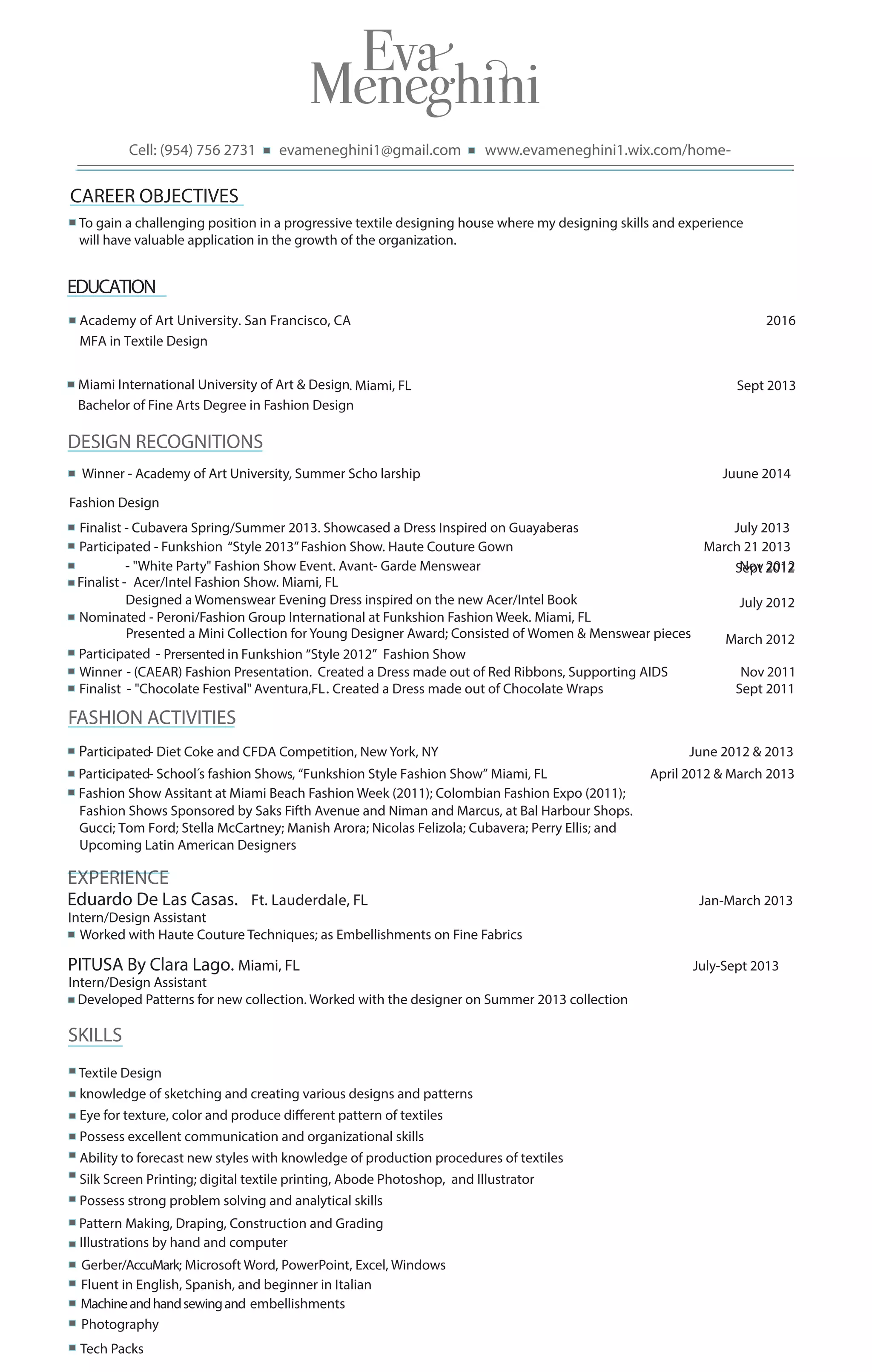 Eva Meneghini Resume | PDF | Needlework | Arts and Crafts