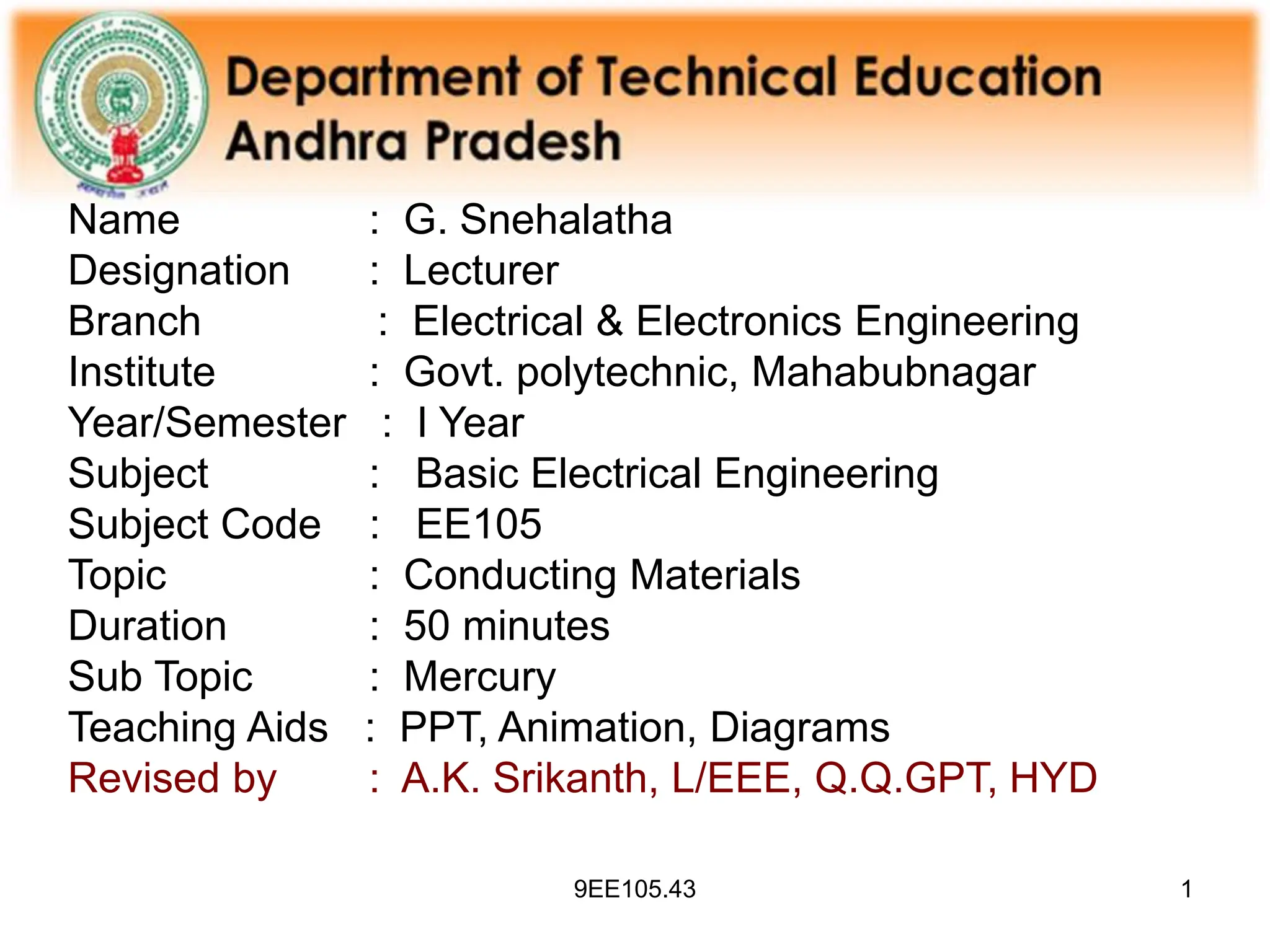 9EE105.43 BASIC ELECTRICAL ENGINEERING POLYTECHNIC | PPT