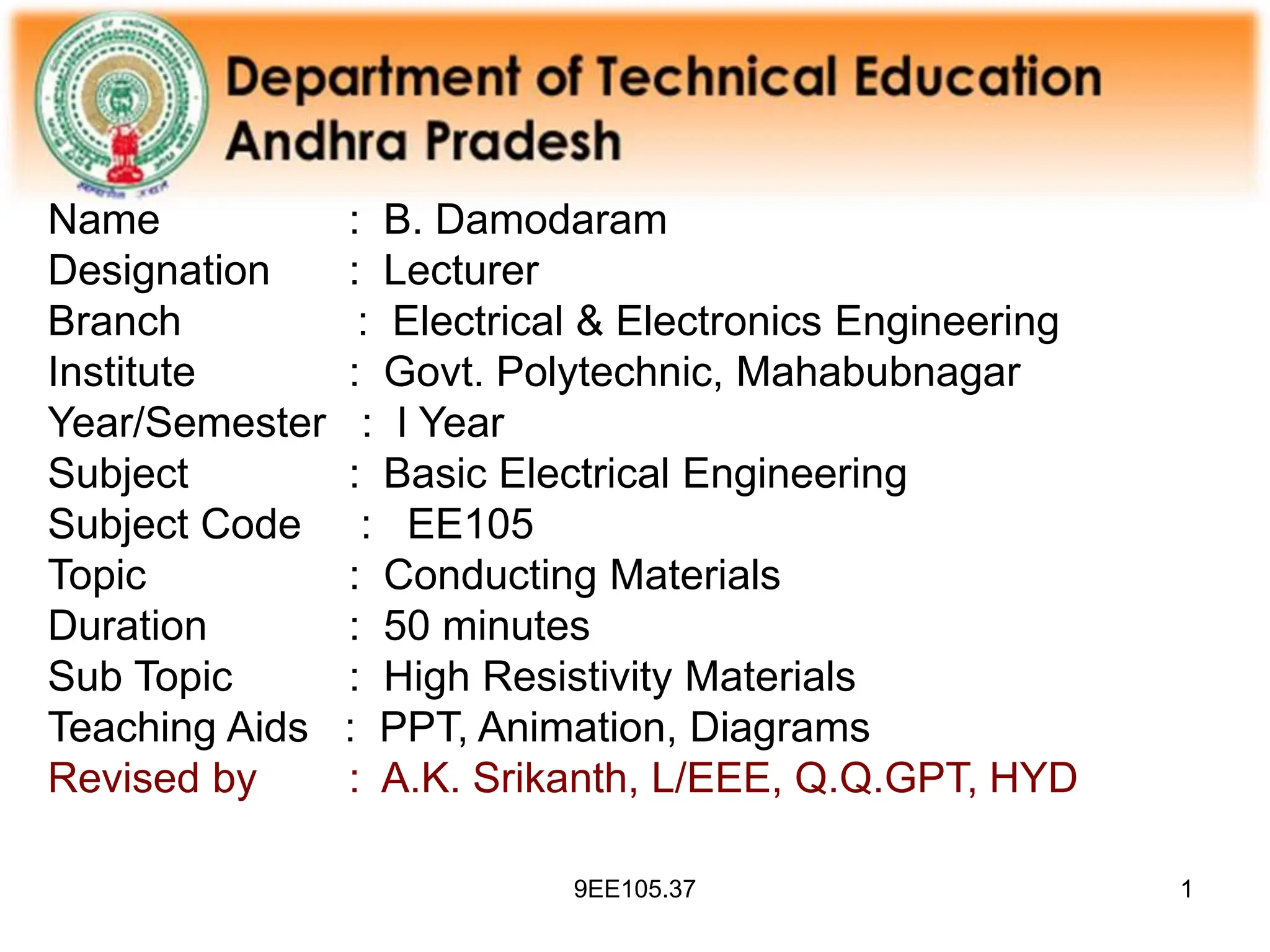 9EE105.37.BASIC ELECTRICAL ENGINEERING POLYTECHNIC | PPT