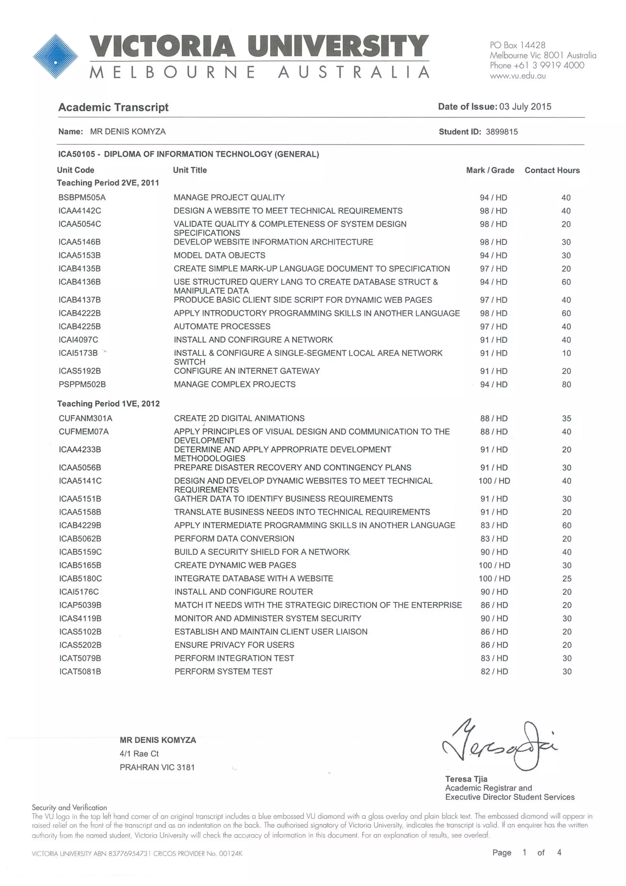 Academic Transcript Denis Komyza | PDF