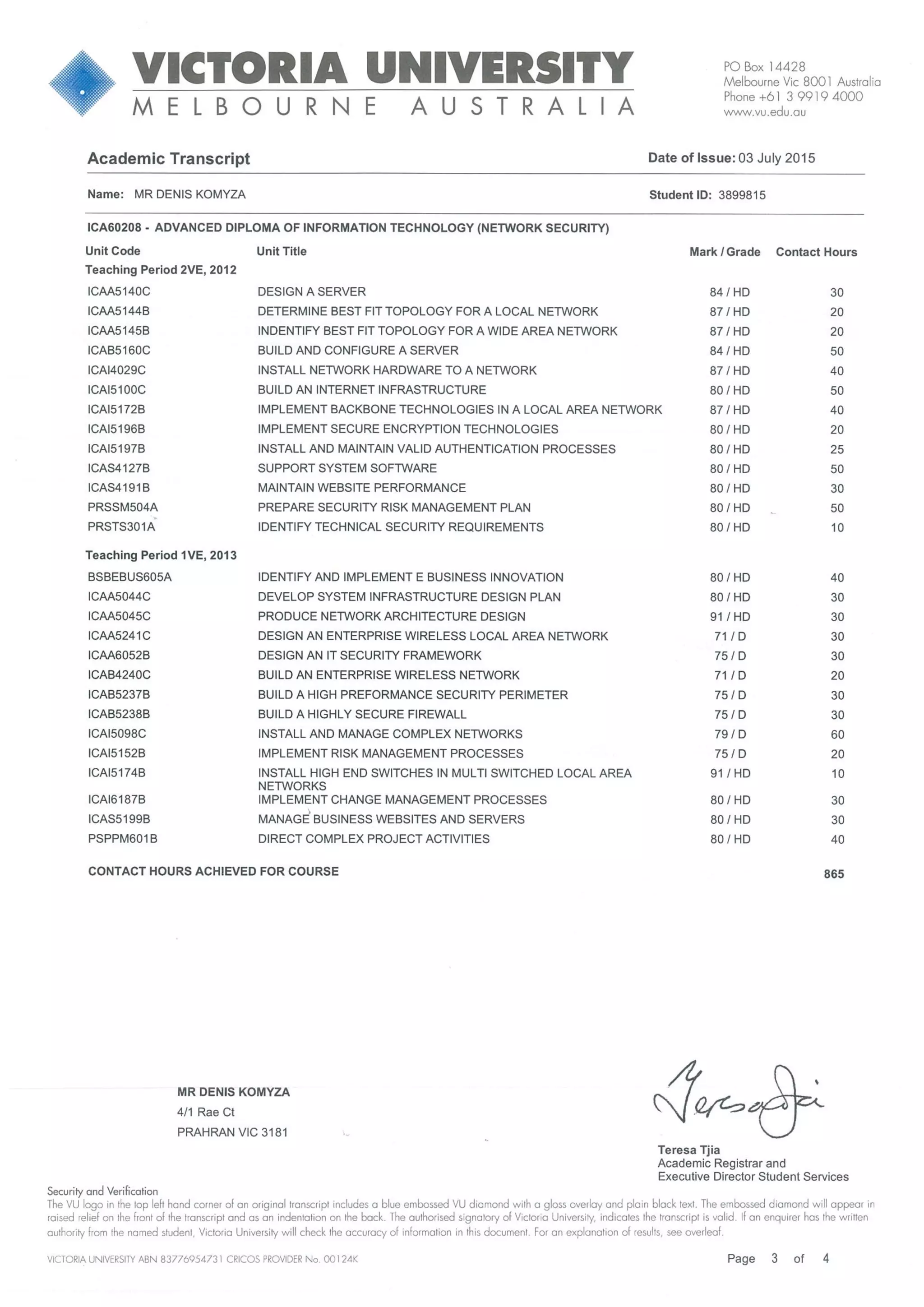 Academic Transcript Denis Komyza | PDF