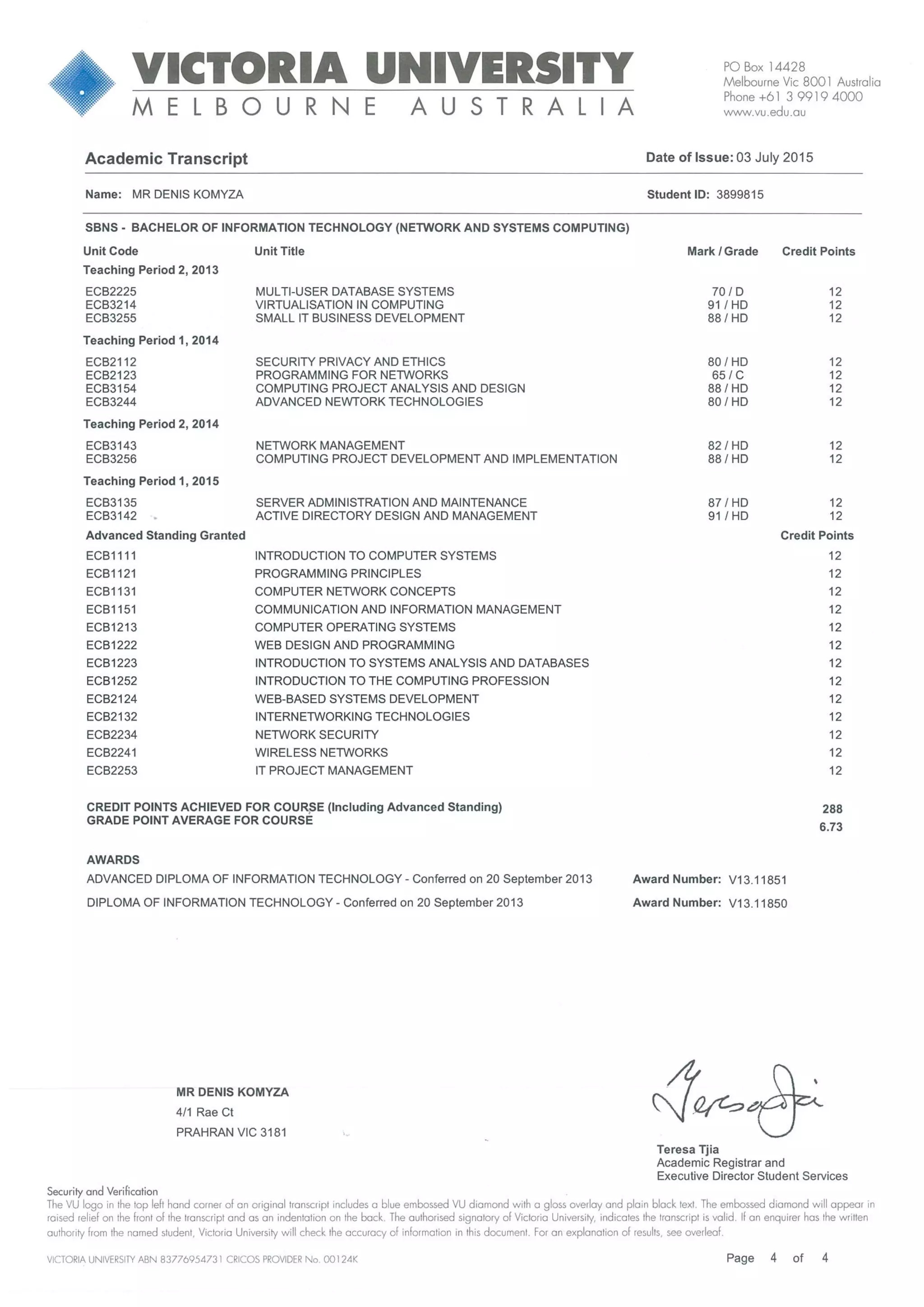 Academic Transcript Denis Komyza | PDF