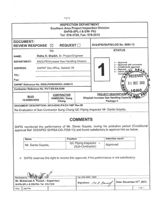 Certificates & ID Vissa QC Piping Inspector ARAMCO project | PDF