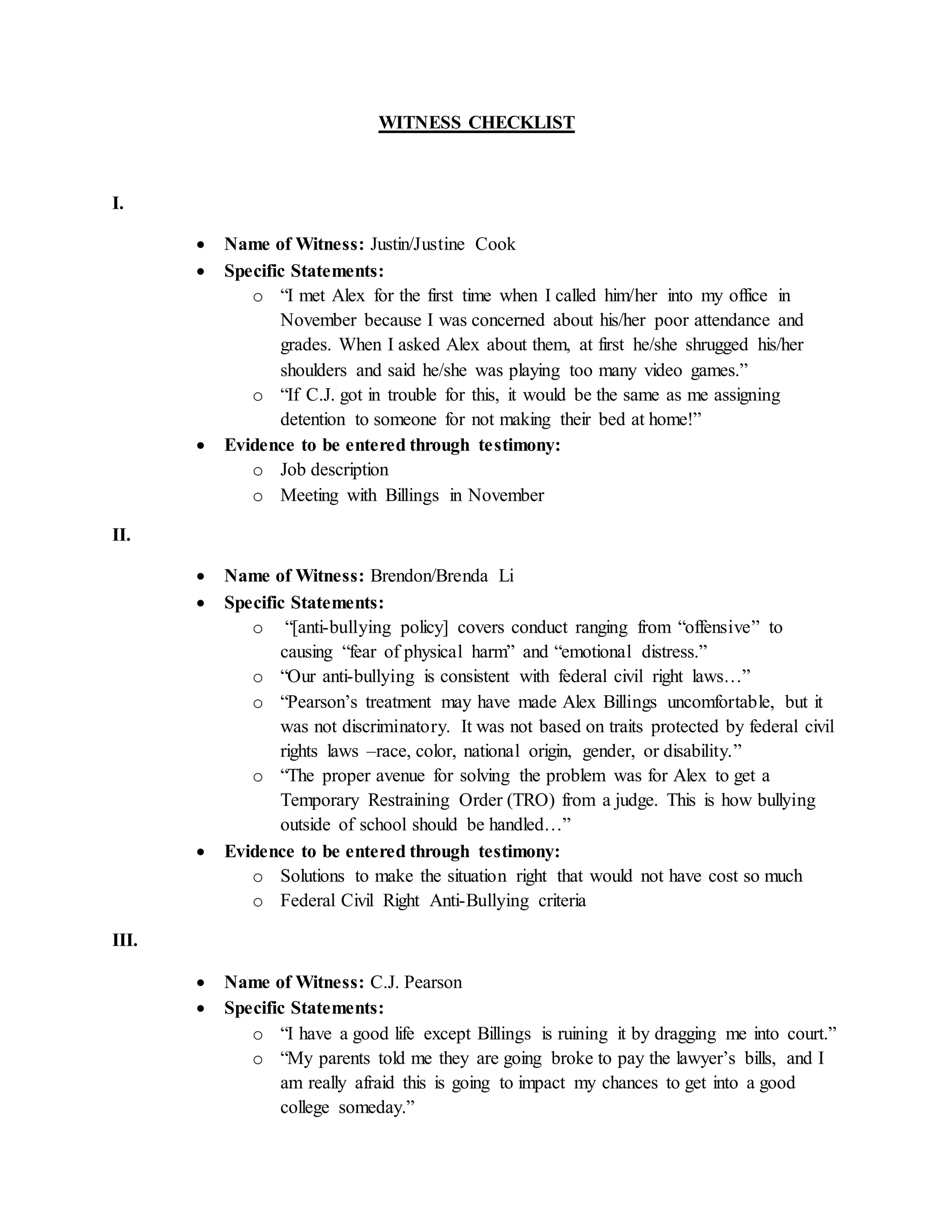 POLS 243 WITNESS CHECKLIST | PDF