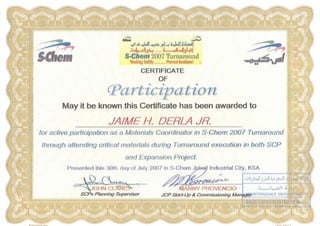 Jaime_Derla_Certificate_Matl Coordinator | PDF
