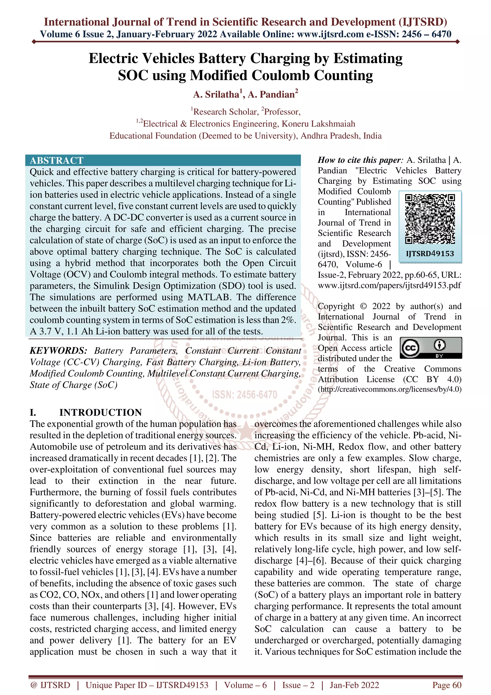 Electric Vehicles Battery Charging By Estimating Soc Using Modified