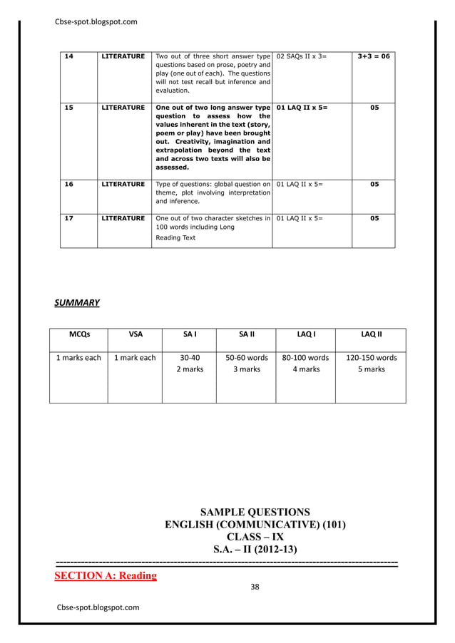 9th SA2 CBSE English sample paper | PDF | Standardized Testing ...