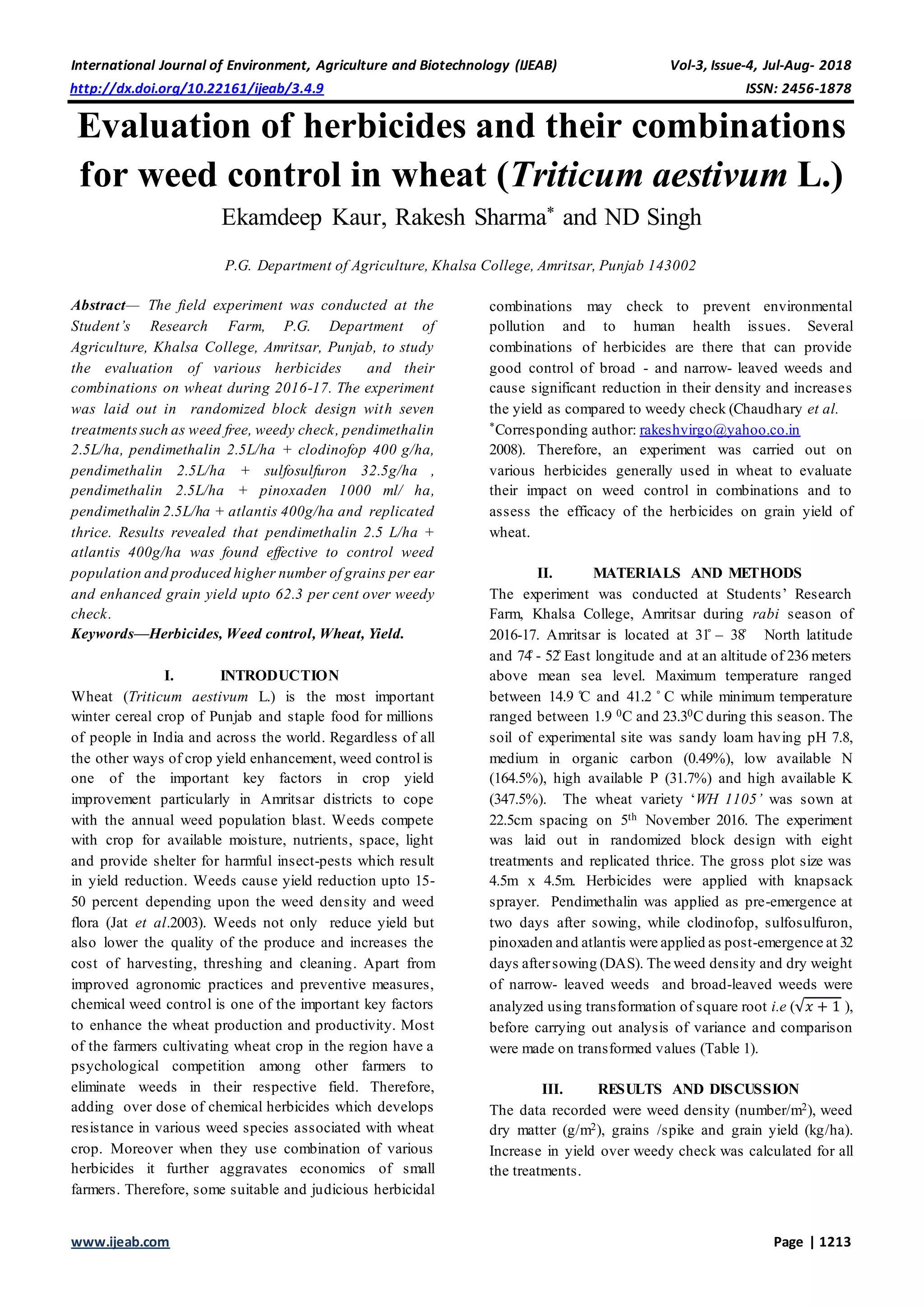 Evaluation of herbicides and their combinations for weed control in ...