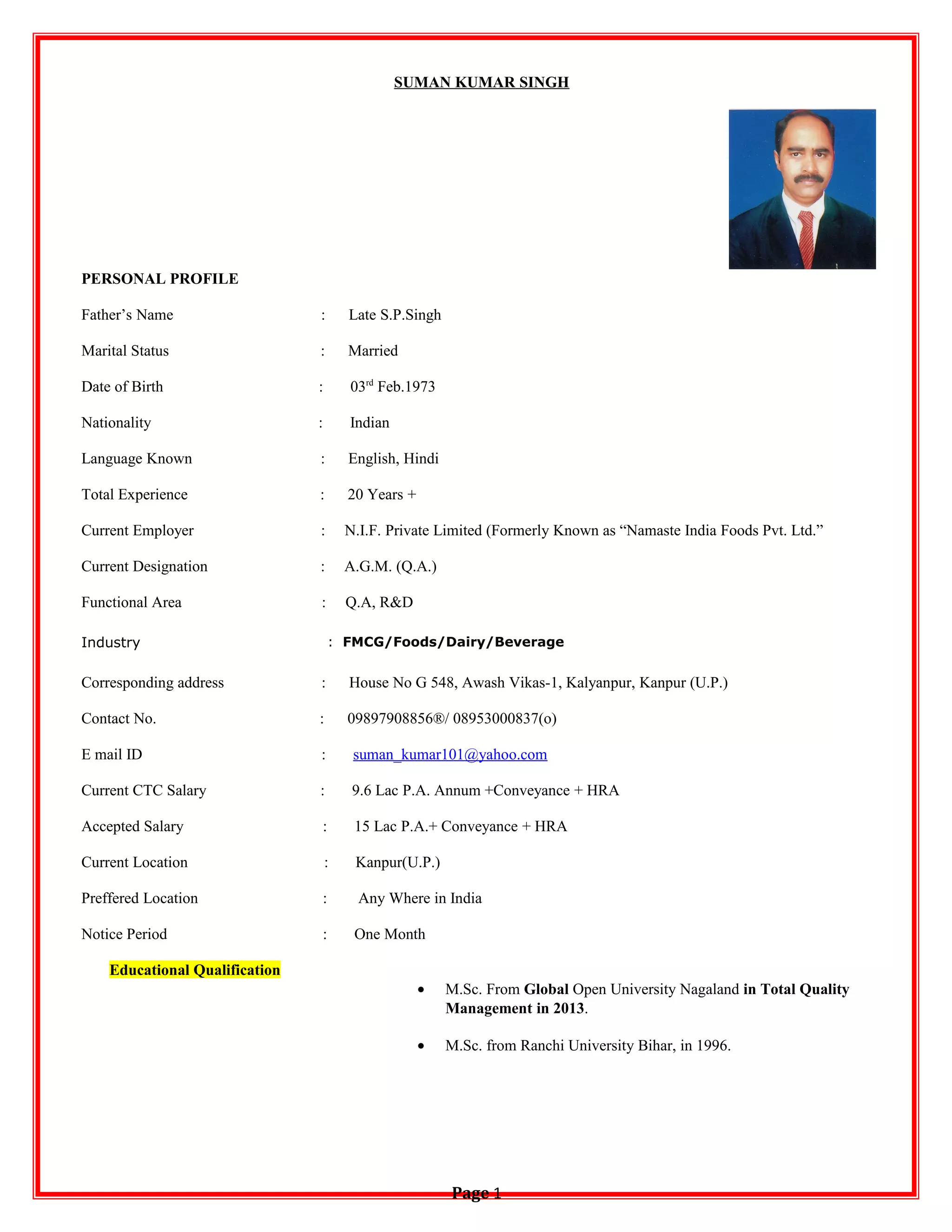 SUMAN CV | DOC | Agriculture | Industries