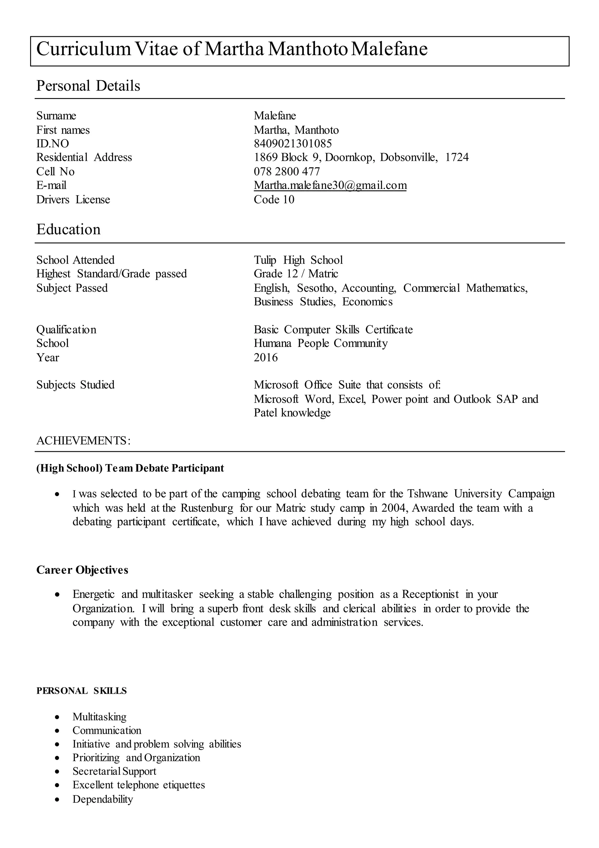 Curriculum Vitae of Martha Manthoto Malefane . (1) | DOCX