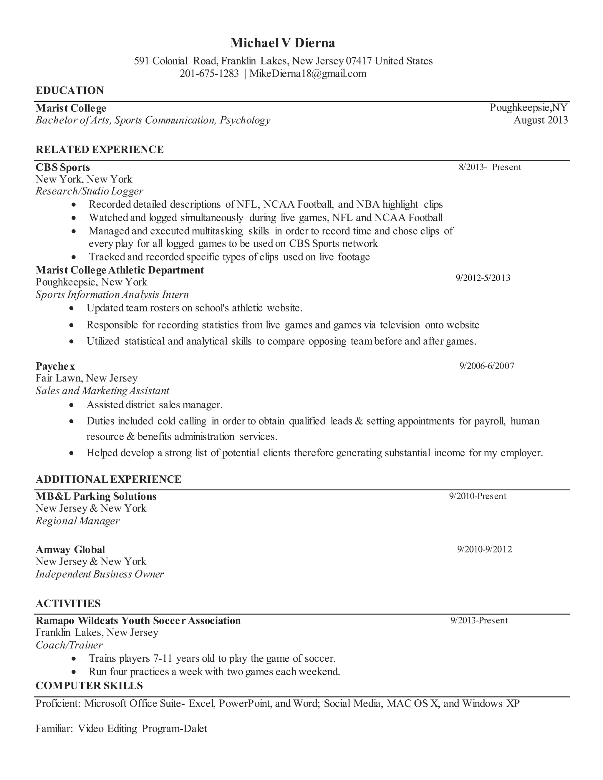 Michael Dierna Resume | DOCX