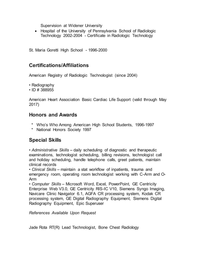 RESUME Jade A Rota RT | DOC | Medical Tests | Medical Health