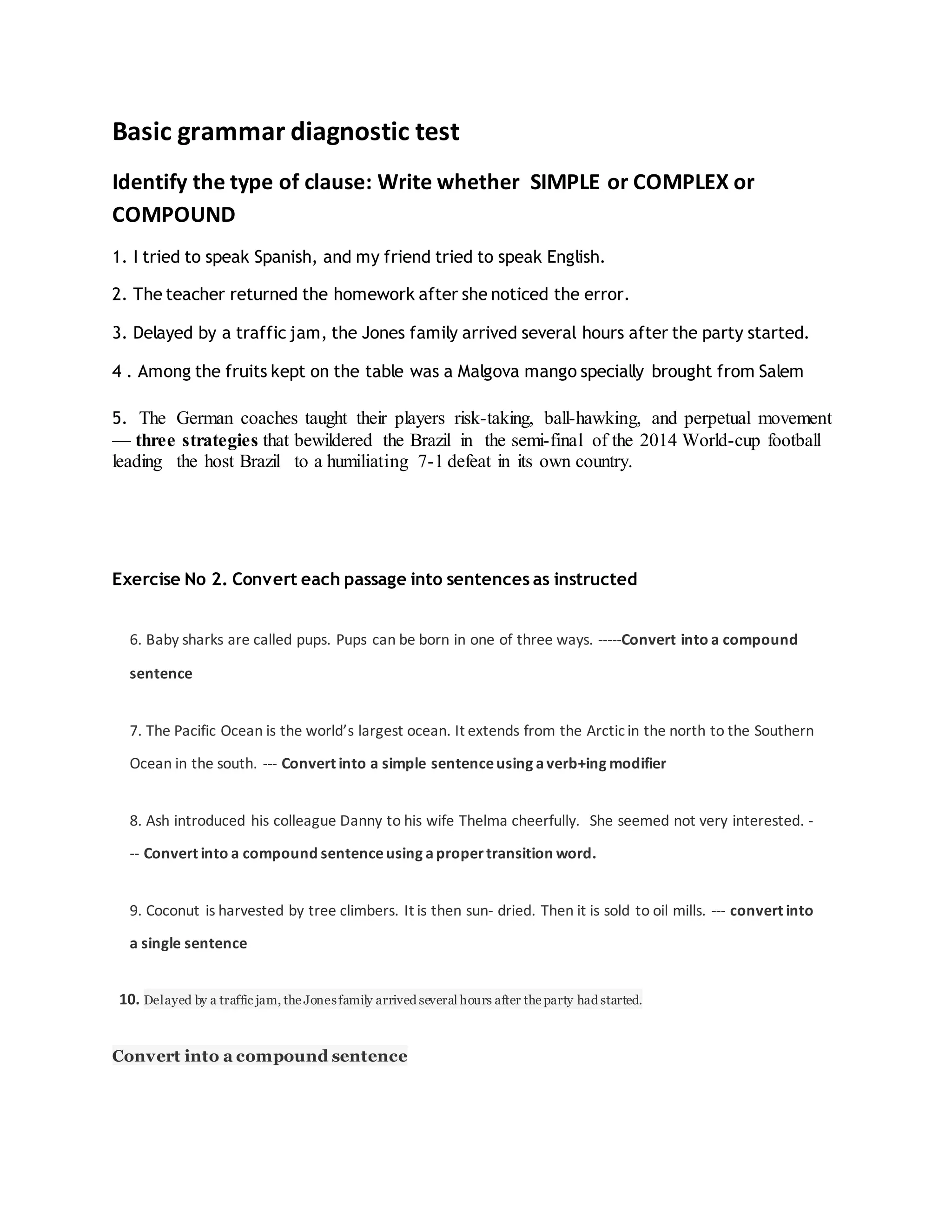 Basic grammar diagnostic test | DOCX | Sports