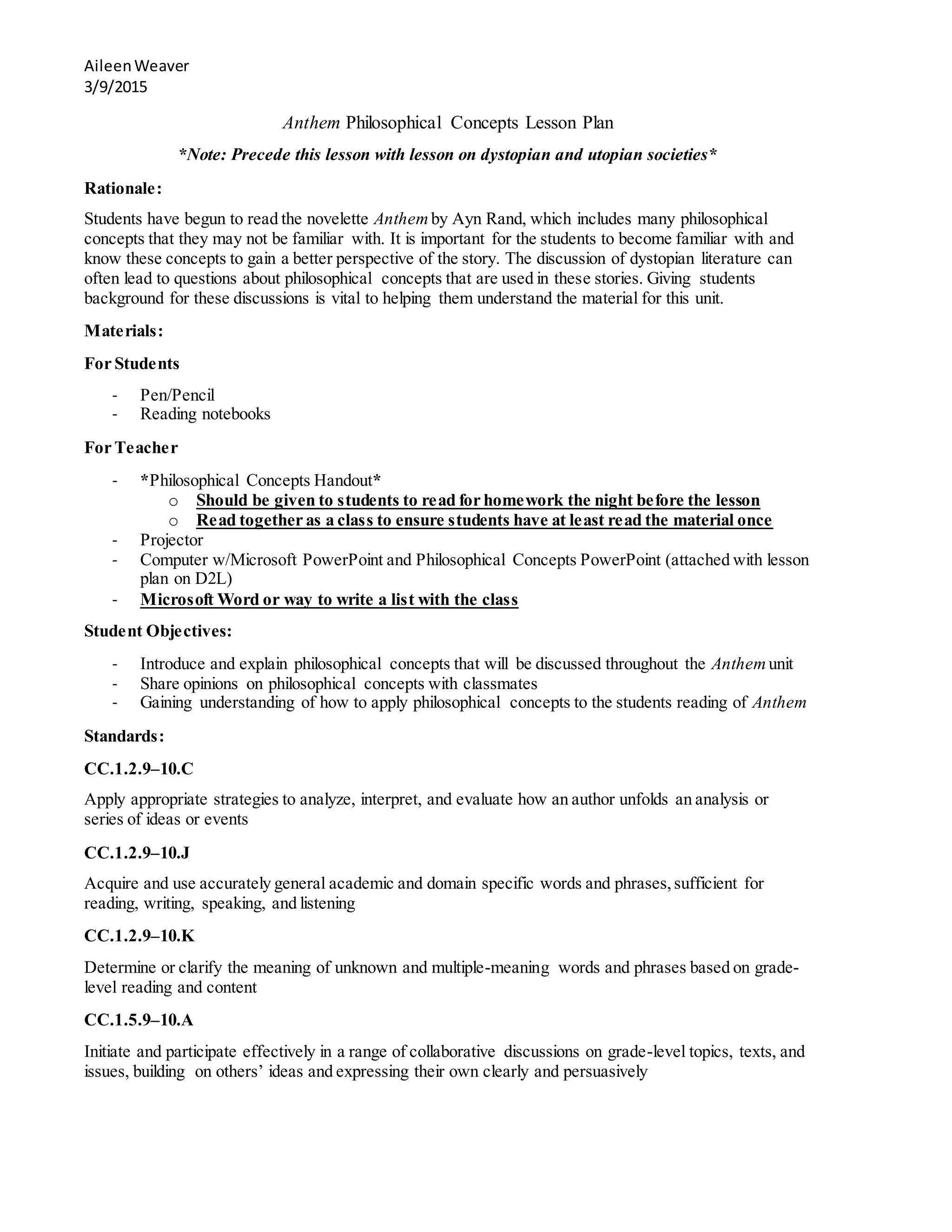 Anthem Philosophical Concepts Lesson Plan - Adapted | DOCX